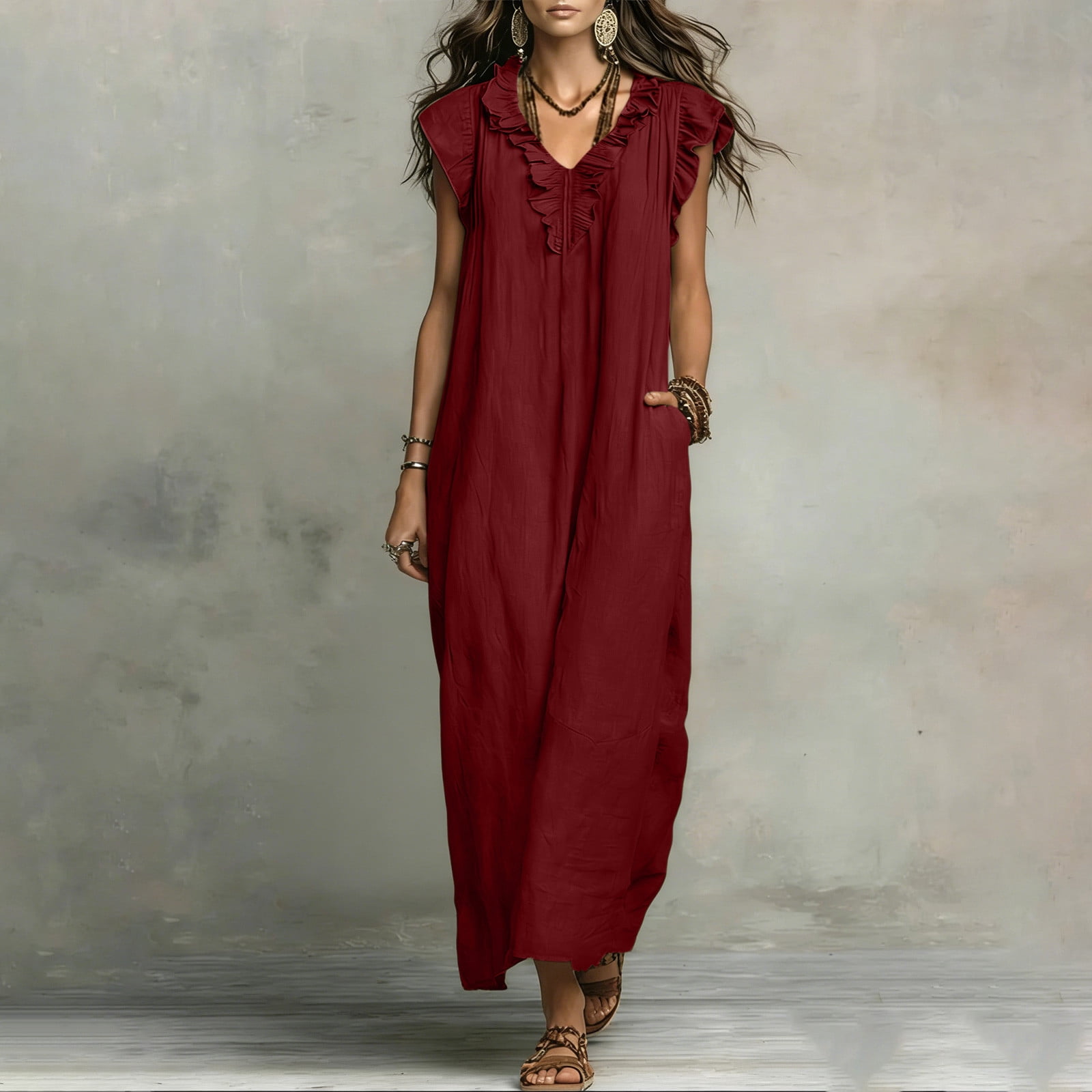 Horkkom Summer Dresses for Women Crew Neck Solid Color Sleeveless Dress ...