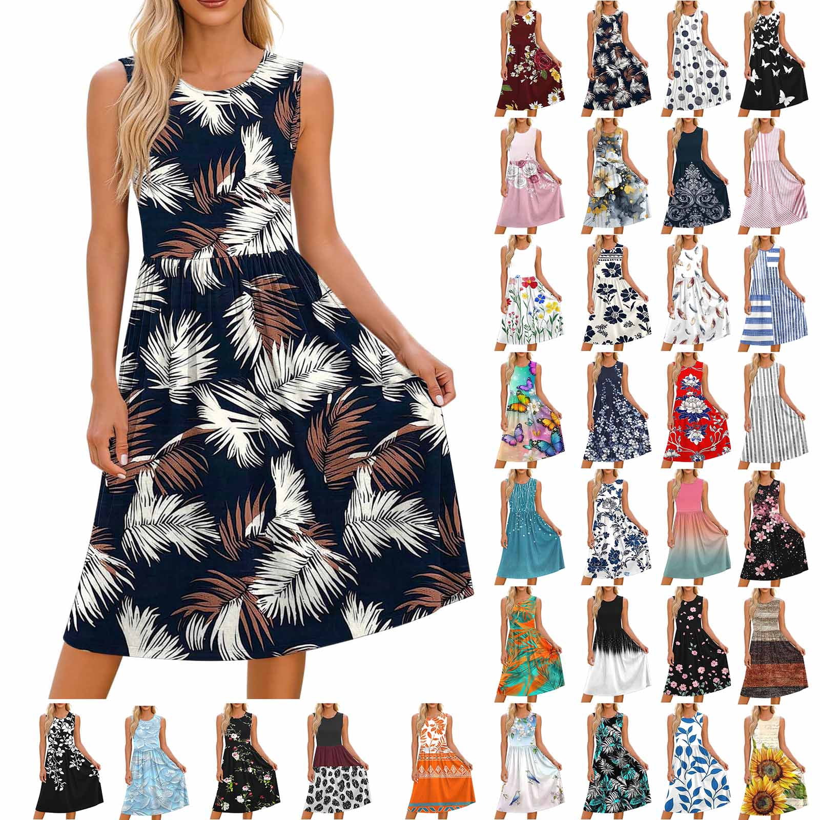 Horkkom Summer Dresses for Women Sleeveless Midi Dresses Casual Floral ...