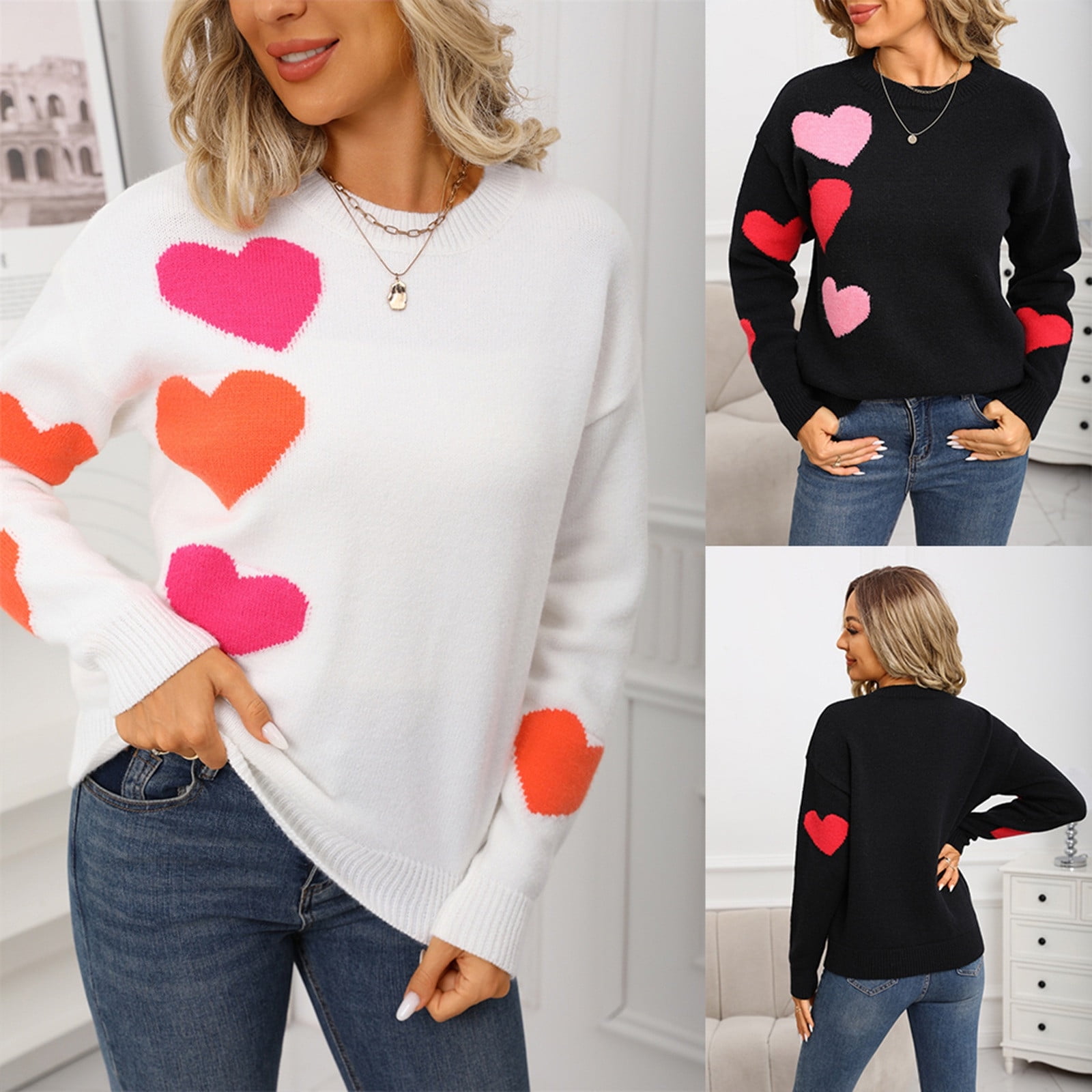 Horkkom Sweaters for Women Long Sleeve Heart Print Valentines Day ...