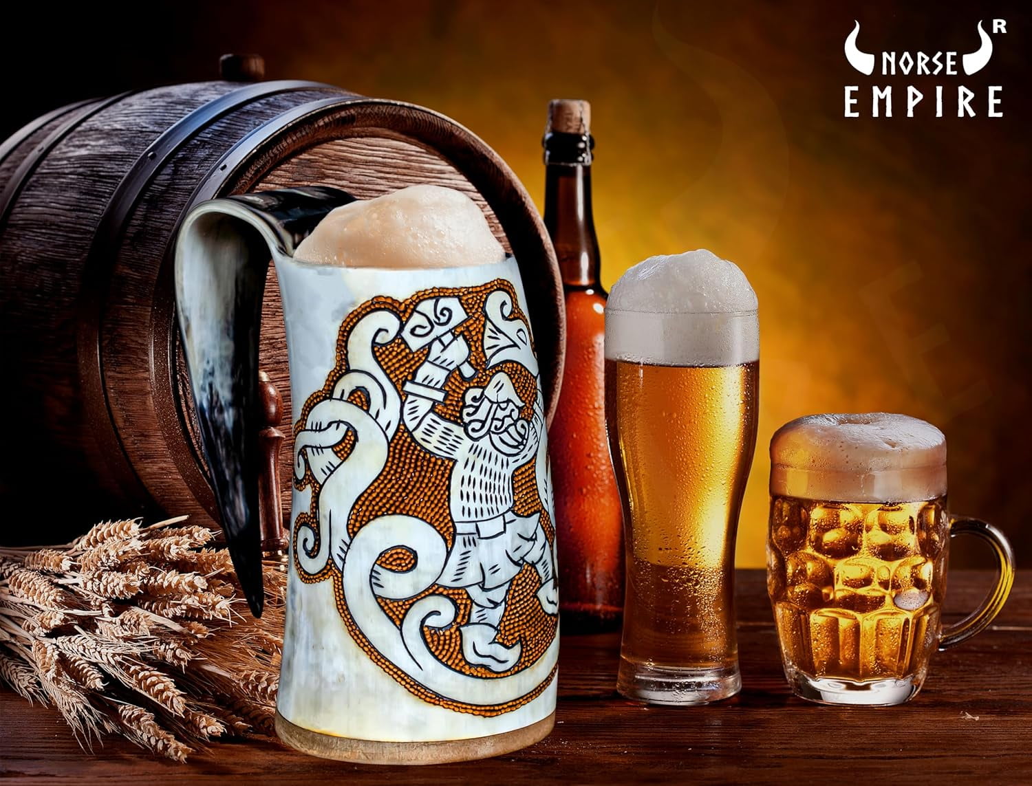Horn Mug – 16-20 oz, Hand Engraved Ragnarok with Pyrography, Medieval ...