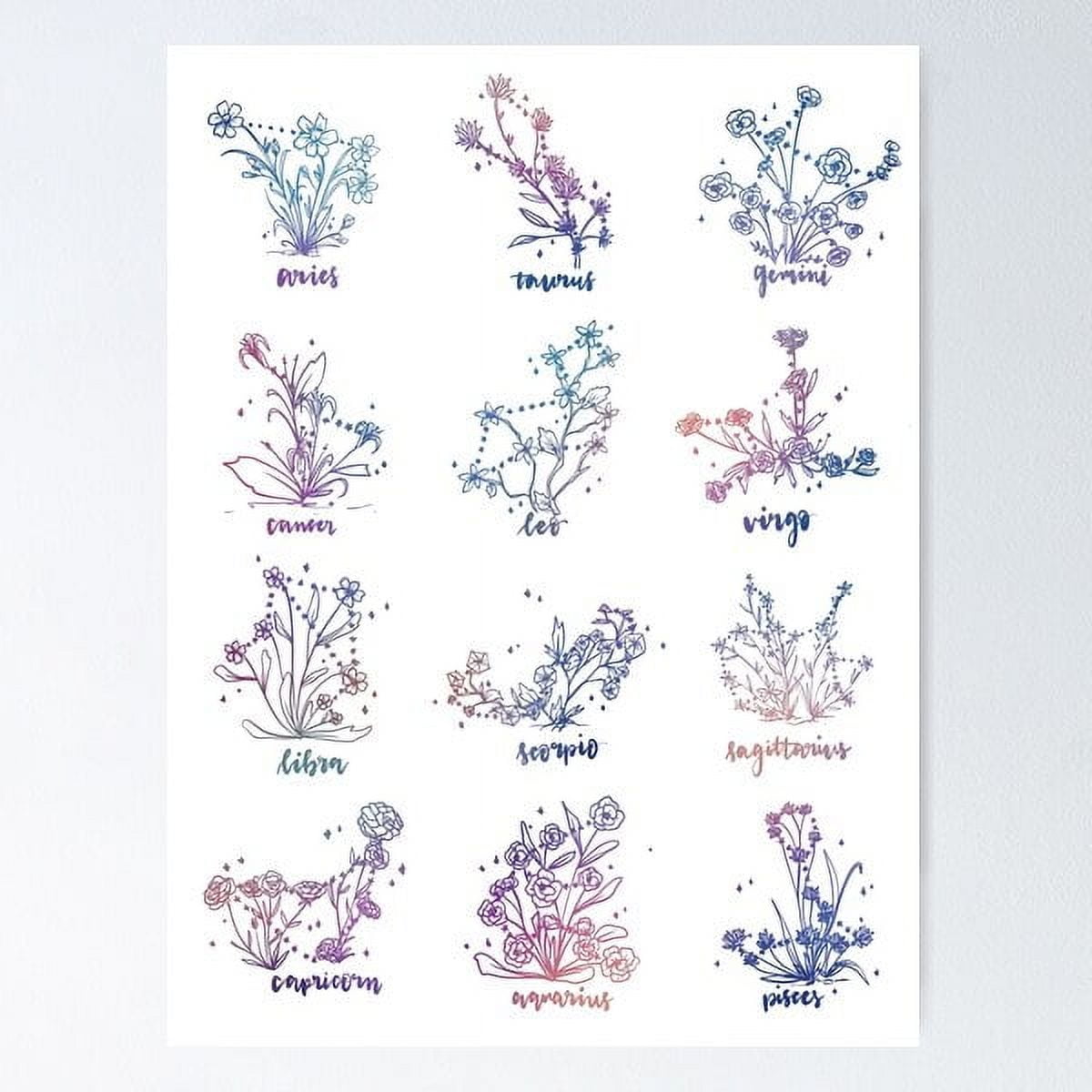 Horoscope Flowers Constellation Poster Wall Art, Modern Wall Decor For ...