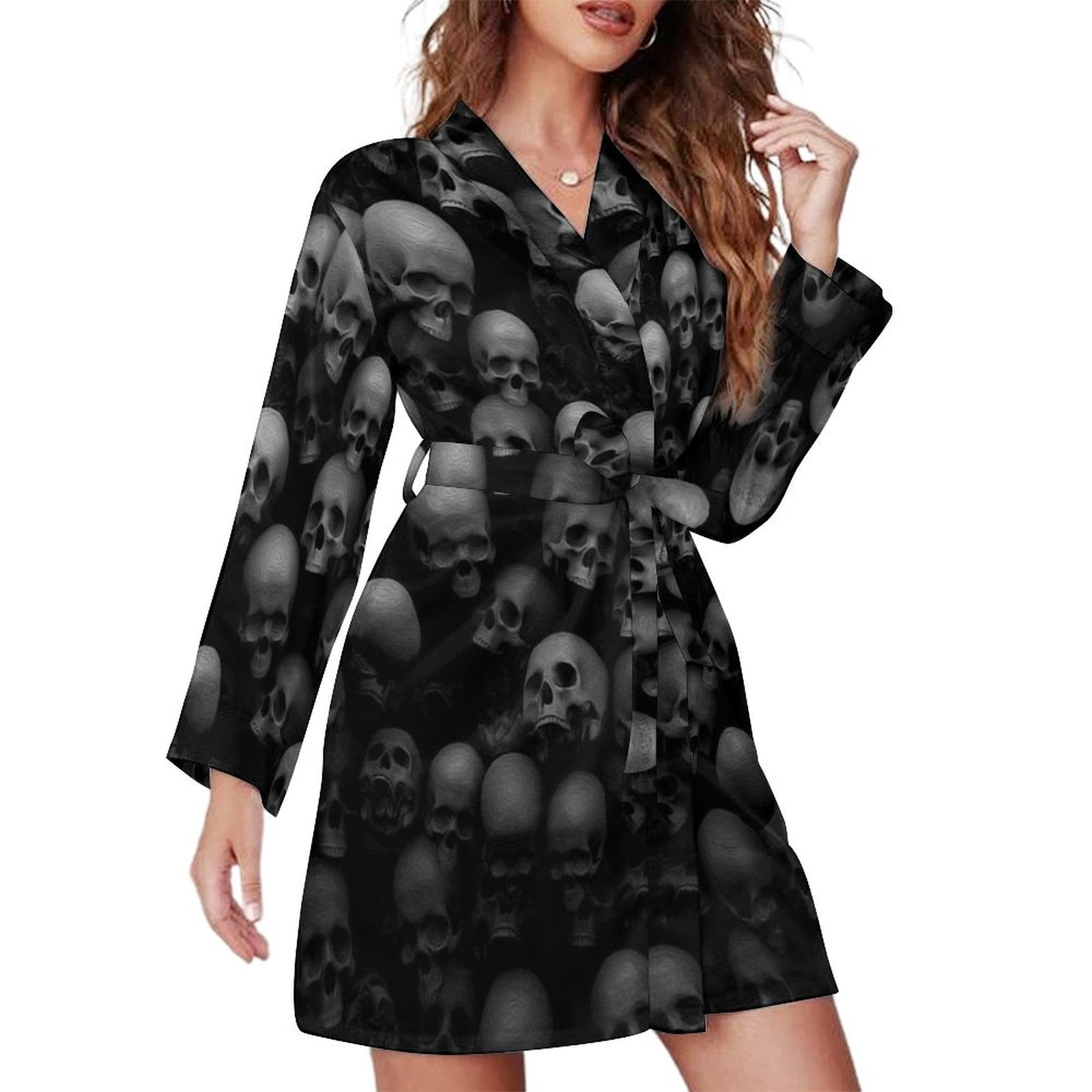 Horror Collection Skull Night Robe Long Sleeve V Neck Robe With Belt ...