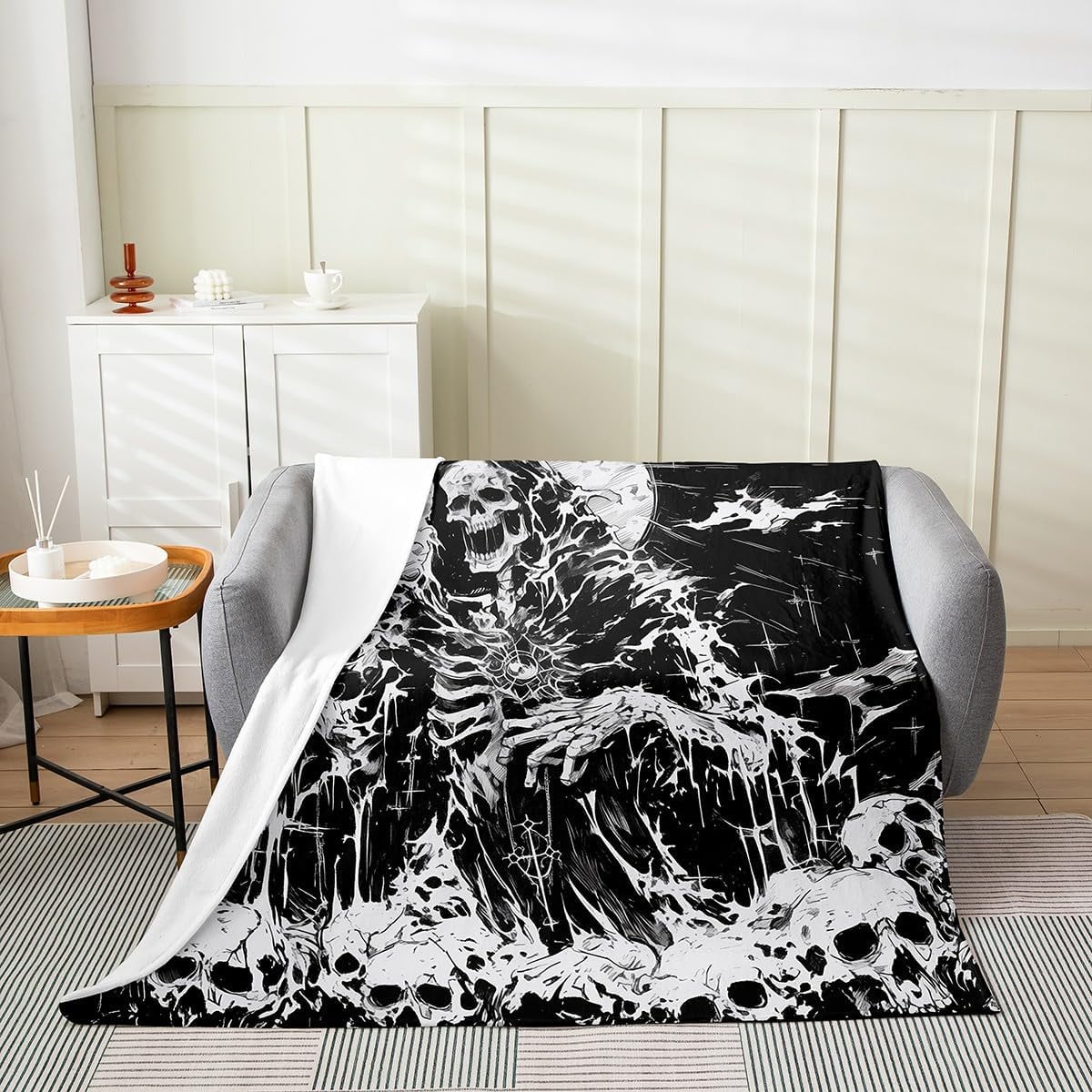 Horror Death Throw Blanket Black Off White Human Skull Flannel Blanket ...