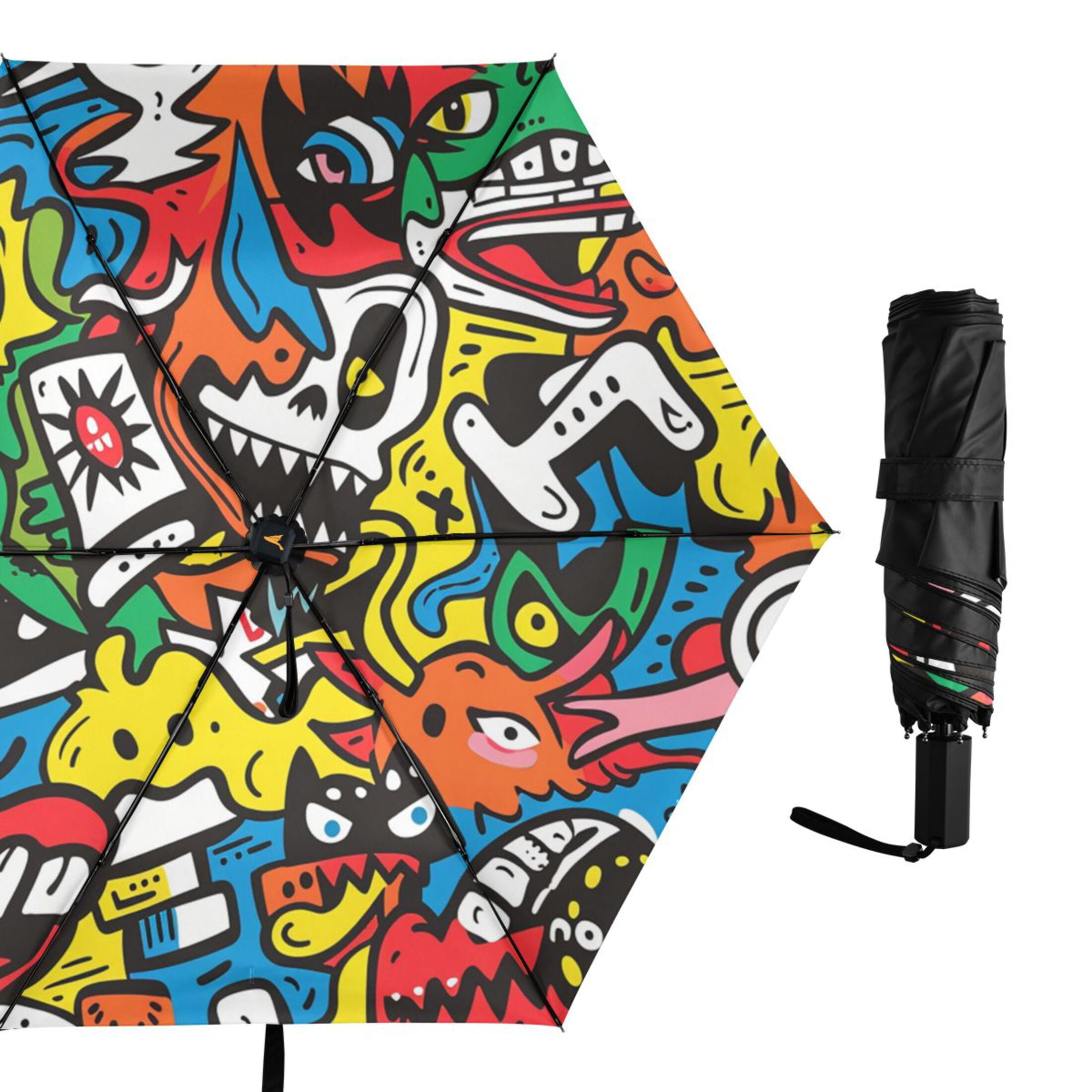 Horror Funny Faces Graffti Style Triple Folding Umbrella Parasol 6 Ribs ...