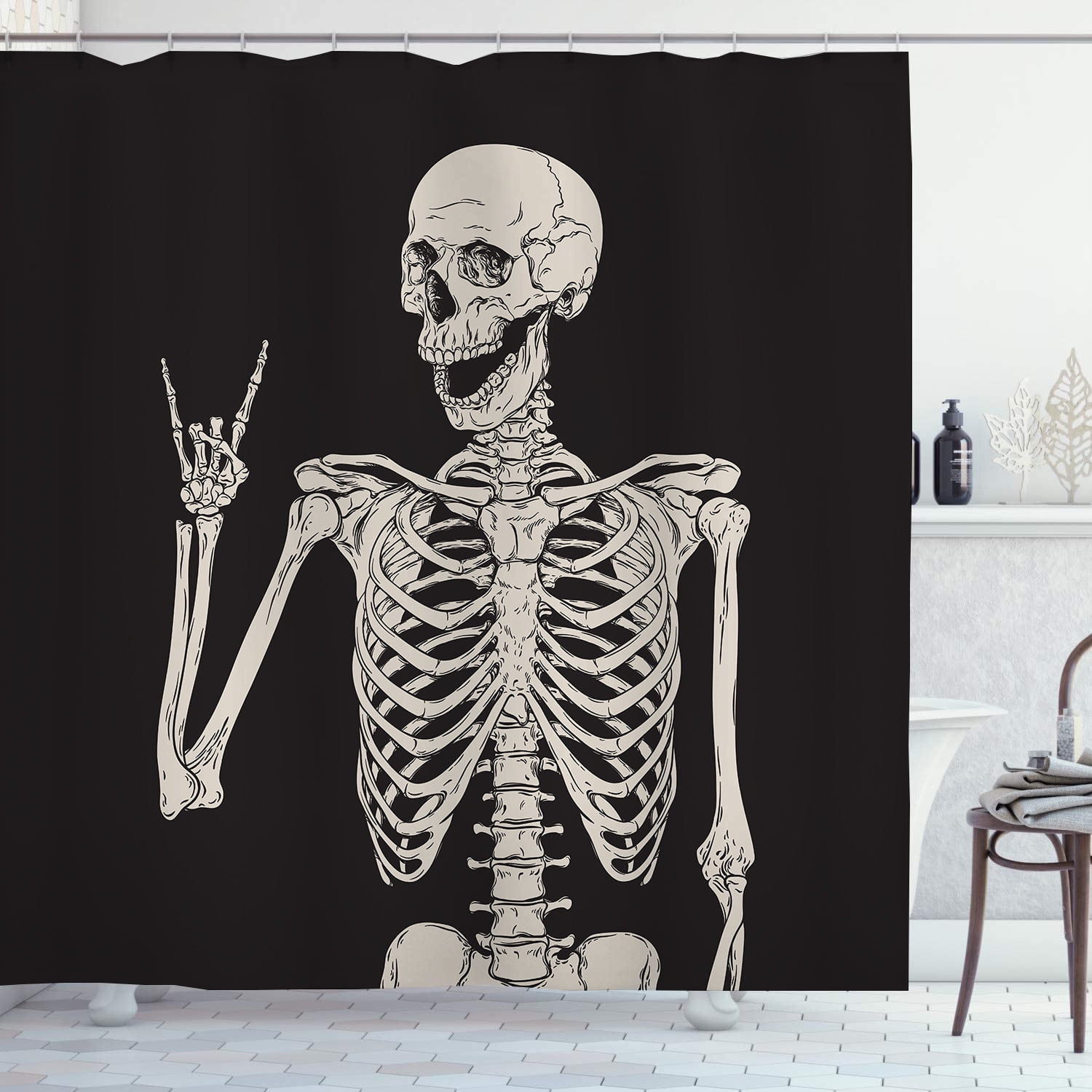 Horror Funny Rock Music Skeleton Shower Curtain Black Background ...