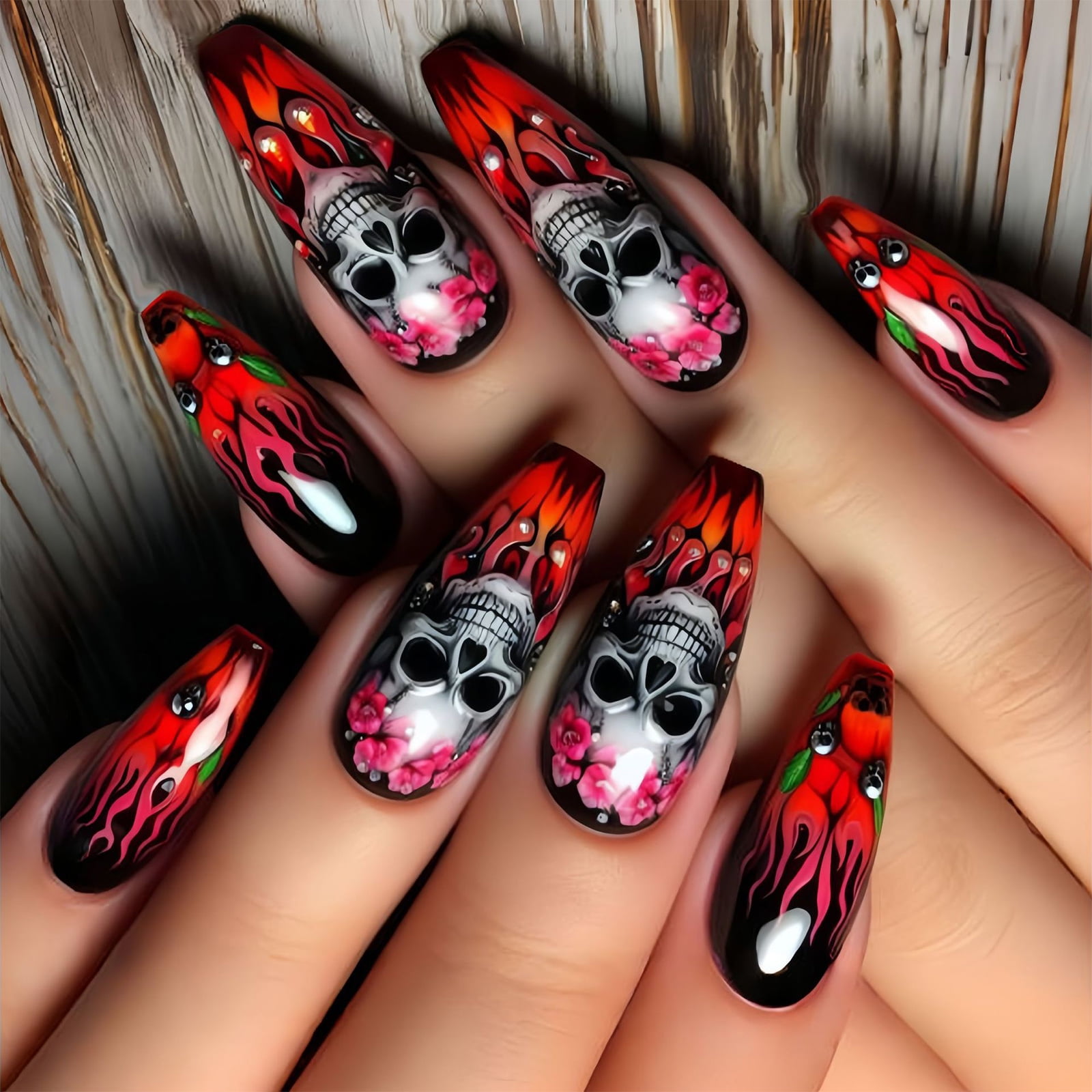 Horror Gothic Bat Skull False Nails, Blood Red Floral Design ABS ...