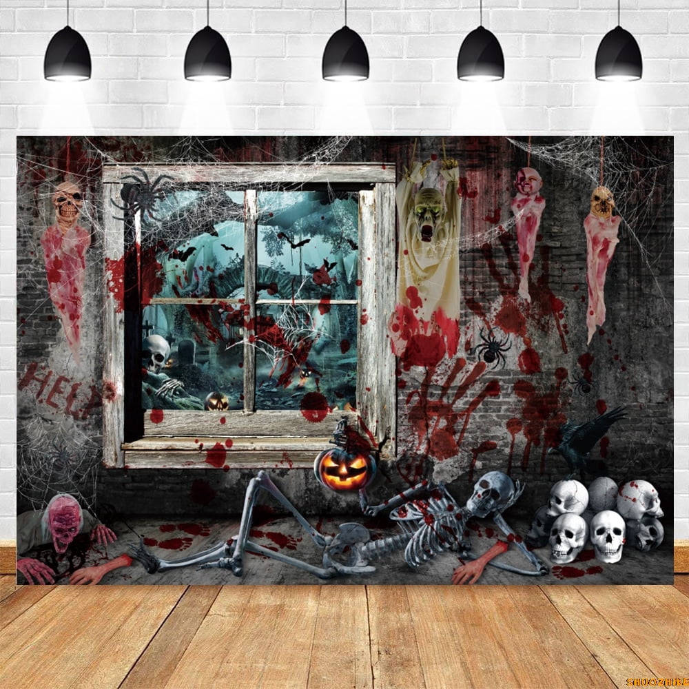 Horror Hallowe Backdrop Blood Zombie Skeleton Skull Grim Reaper Room ...