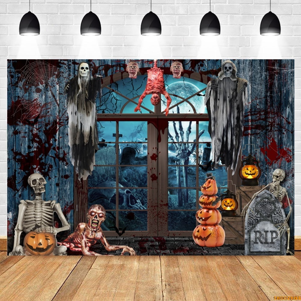 Horror Hallowe Backdrop Blood Zombie Skeleton Skull Grim Reaper Room ...