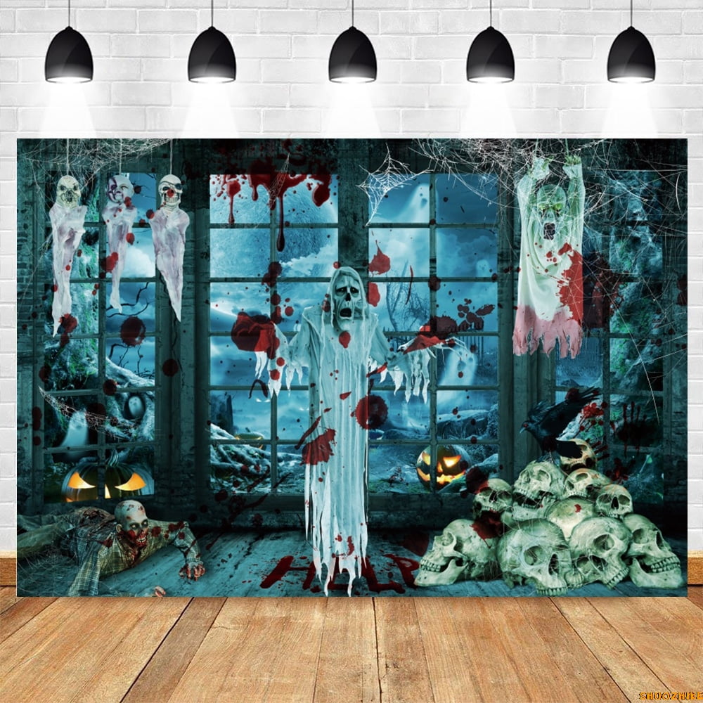 Horror Hallowe Backdrop Blood Zombie Skeleton Skull Grim Reaper Room ...