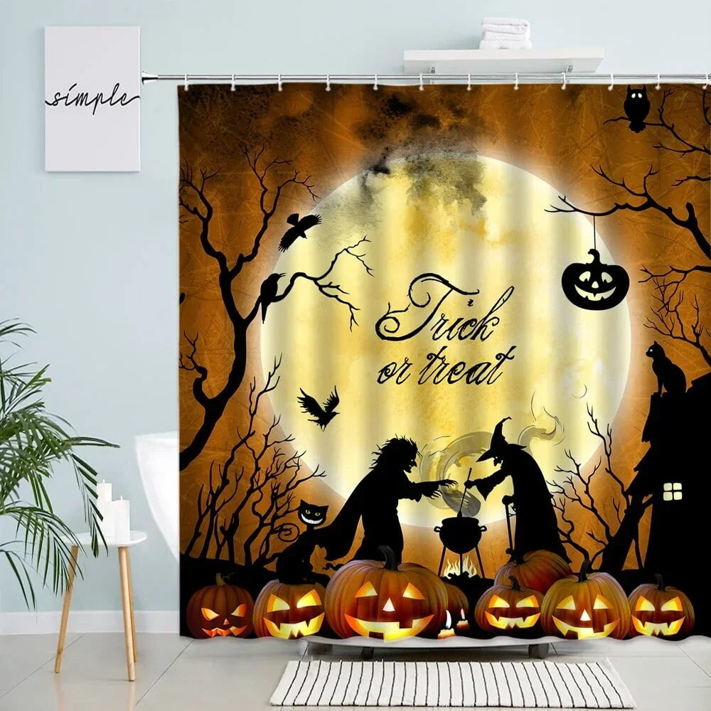 Horror Halloween Shower Curtain Set Mystic Red Sky Branches Full Moon