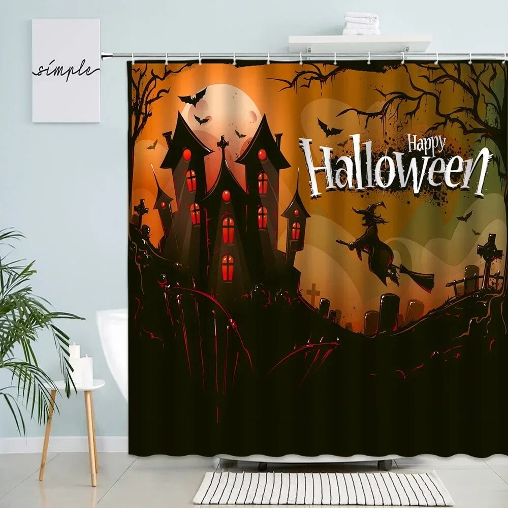 Horror Halloween Shower Curtain Set Mystic Red Sky Branches Full Moon