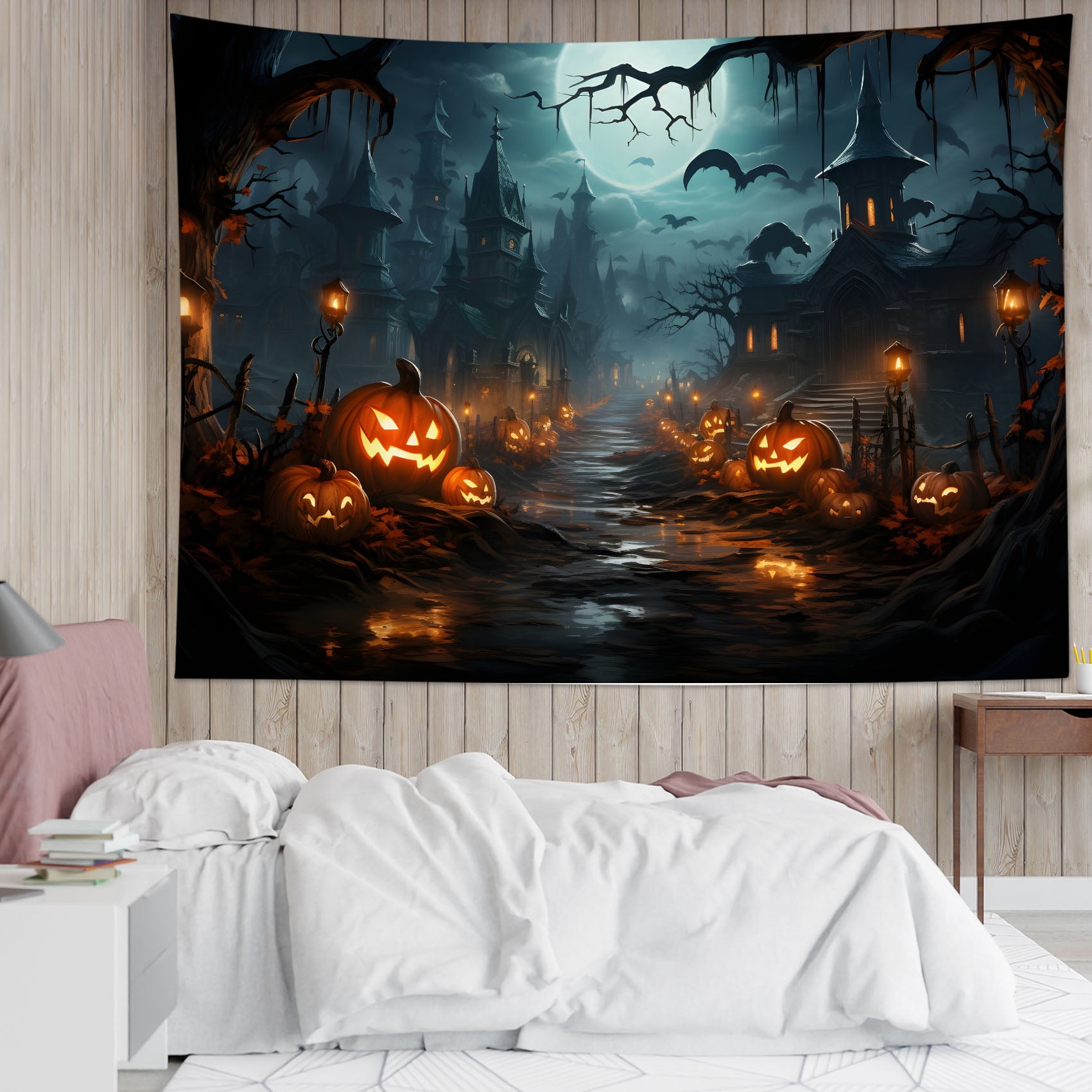 Horror Halloween Tapestry Castle and Pumpkin Lanterns on Road with Moon ...