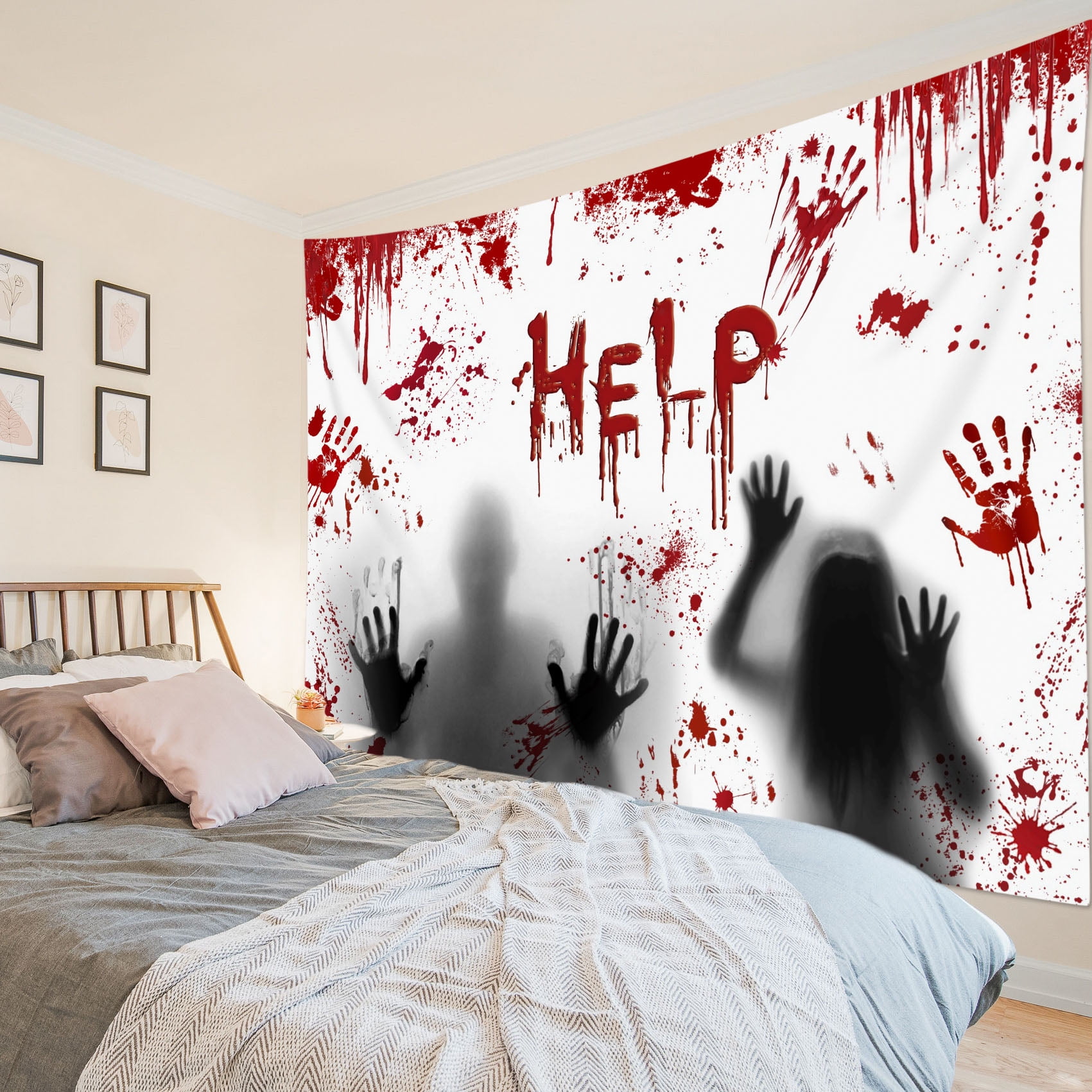 Horror Halloween Tapestry Red Blood Handprint with Help and Blurry ...
