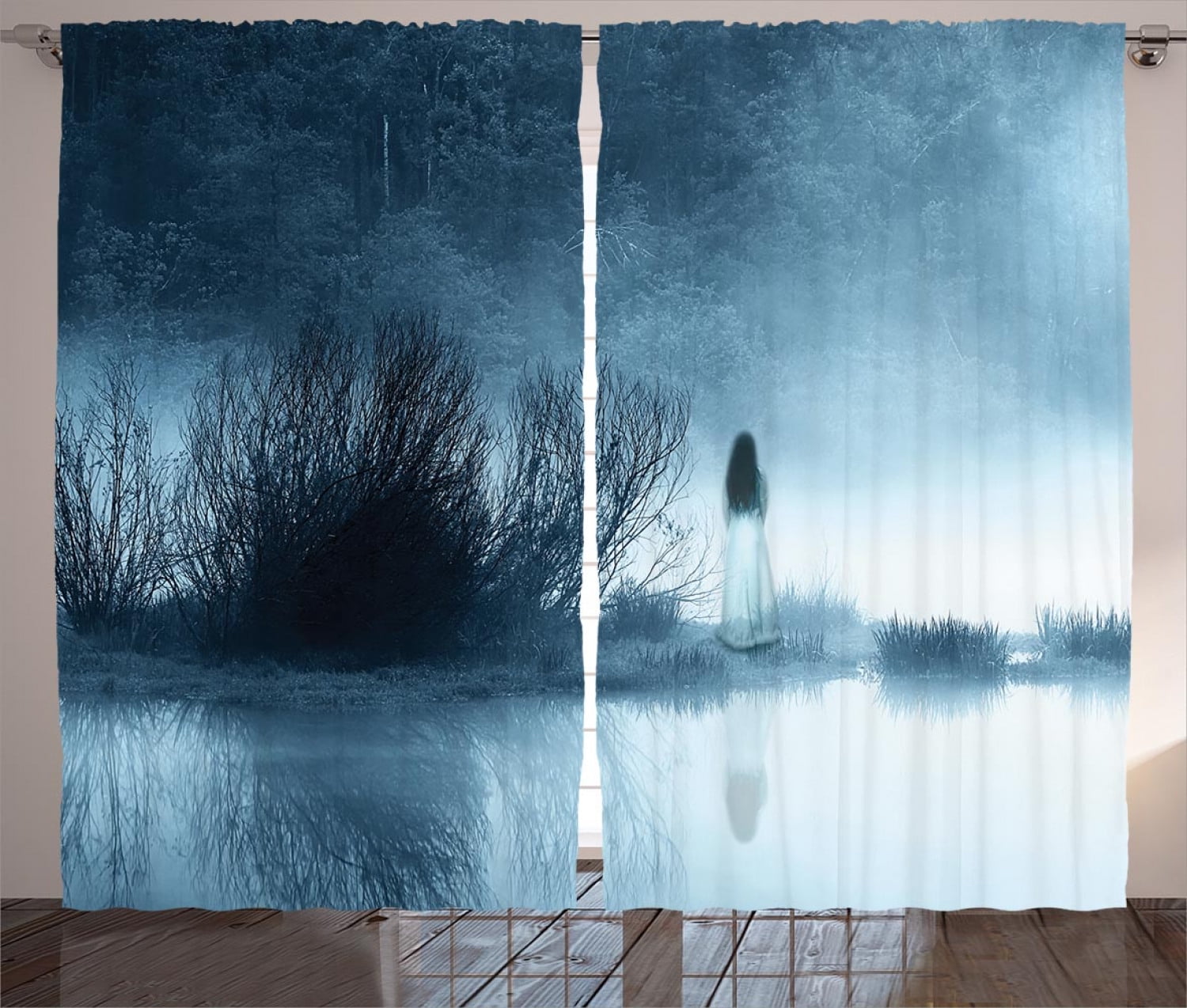 Ambesonne Horror House Curtains 2 Panel Set, Fog Forest Night, 108" x ...