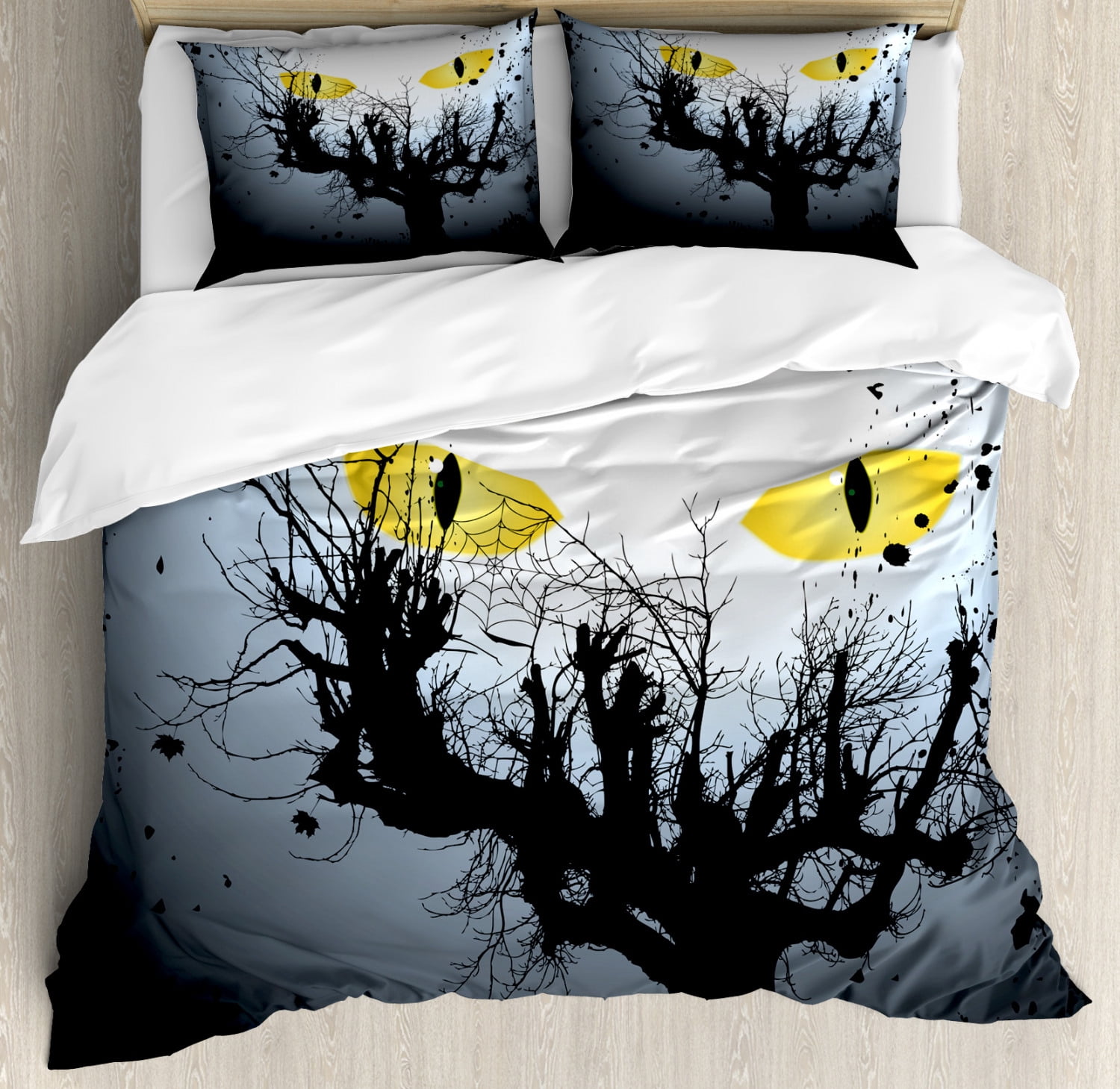 Horror House Duvet Cover Set, Scary Eyes Backgrounded Leafless Old ...