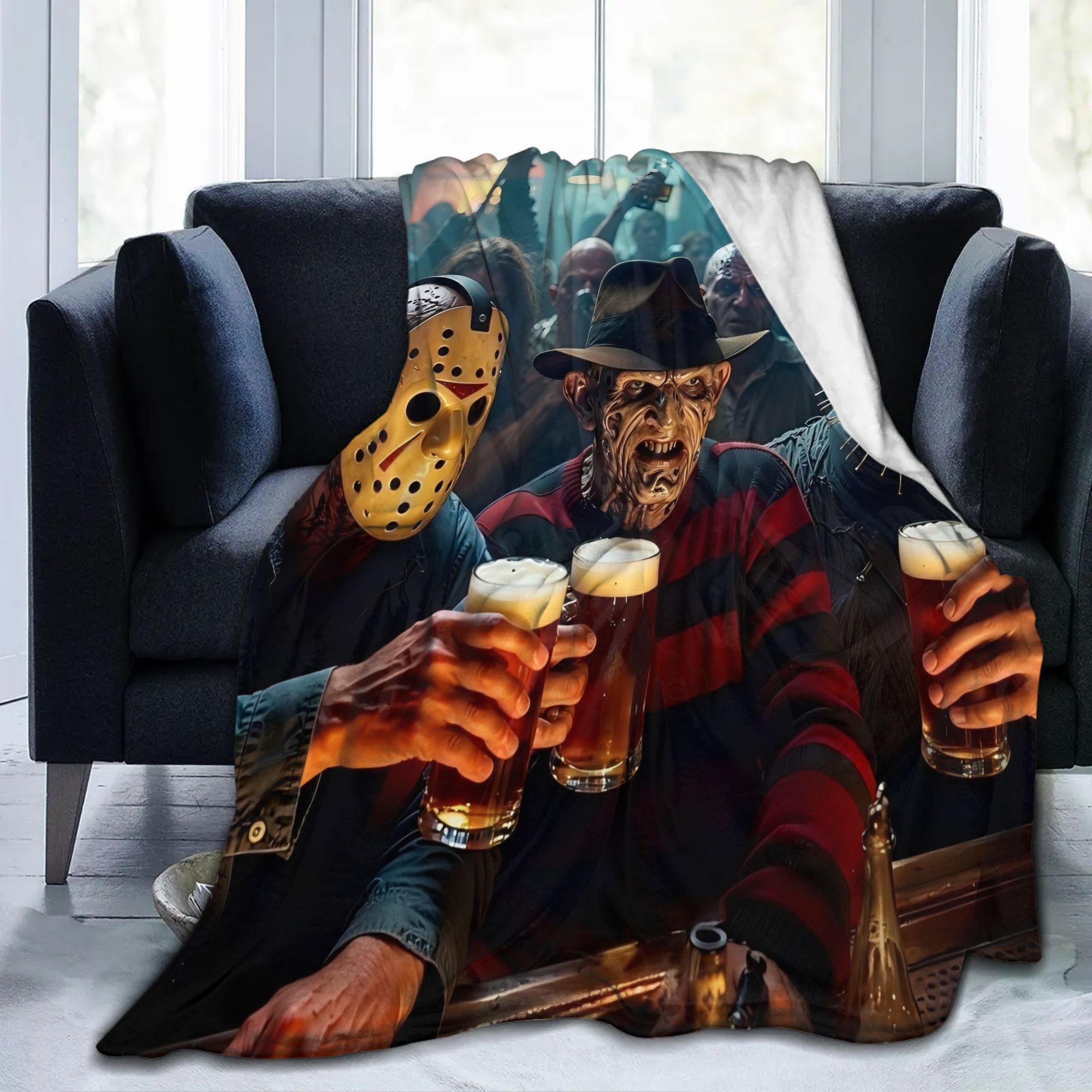 Horror Icons at Bar Poster - Cozy Flannel Throw Blanket with Jason ...