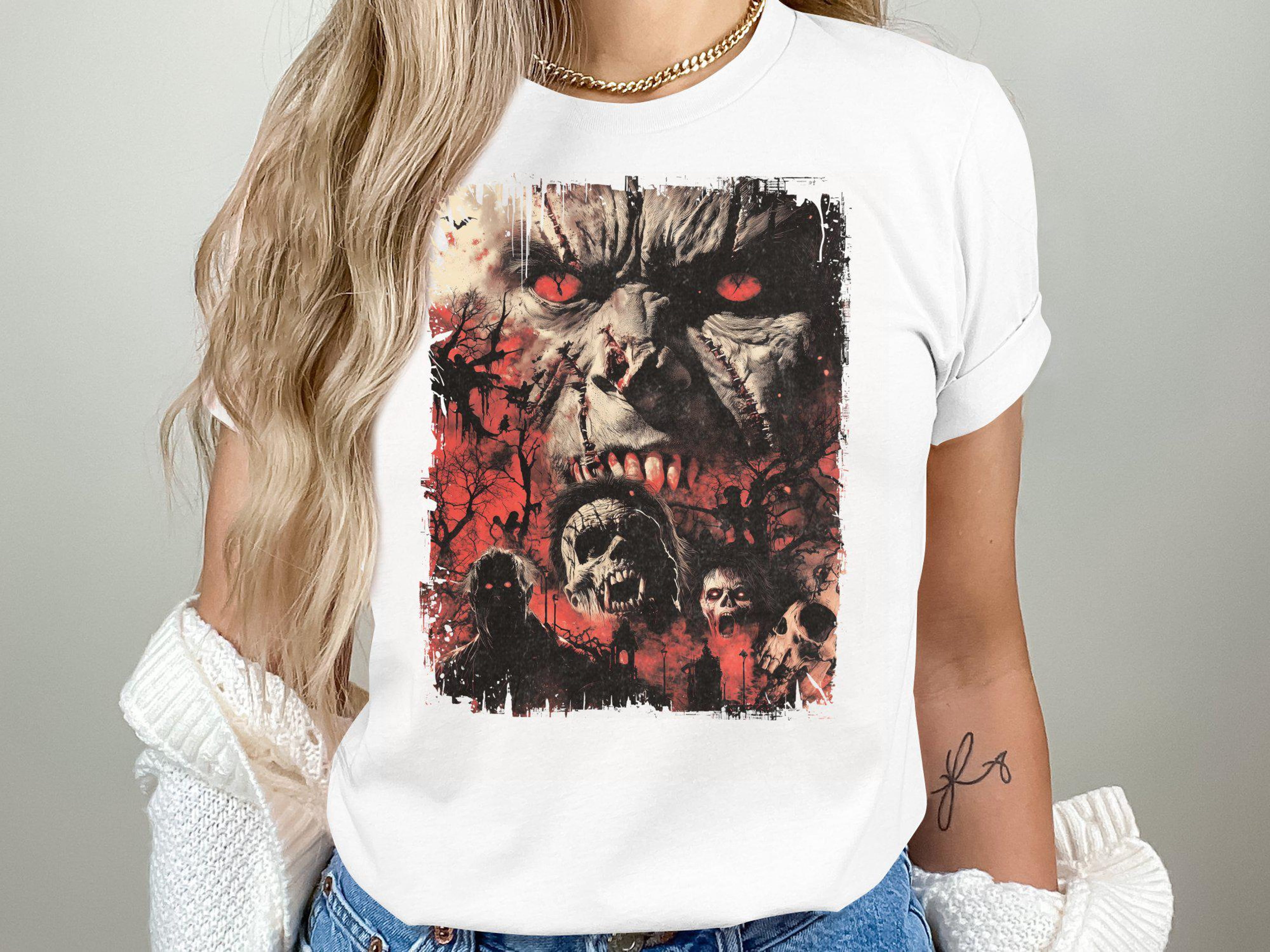 Horror Movie Inspired Graphic Tee, Scary Monster Art Shirt, Creepy Halloween T-Shirt, Distressed ...
