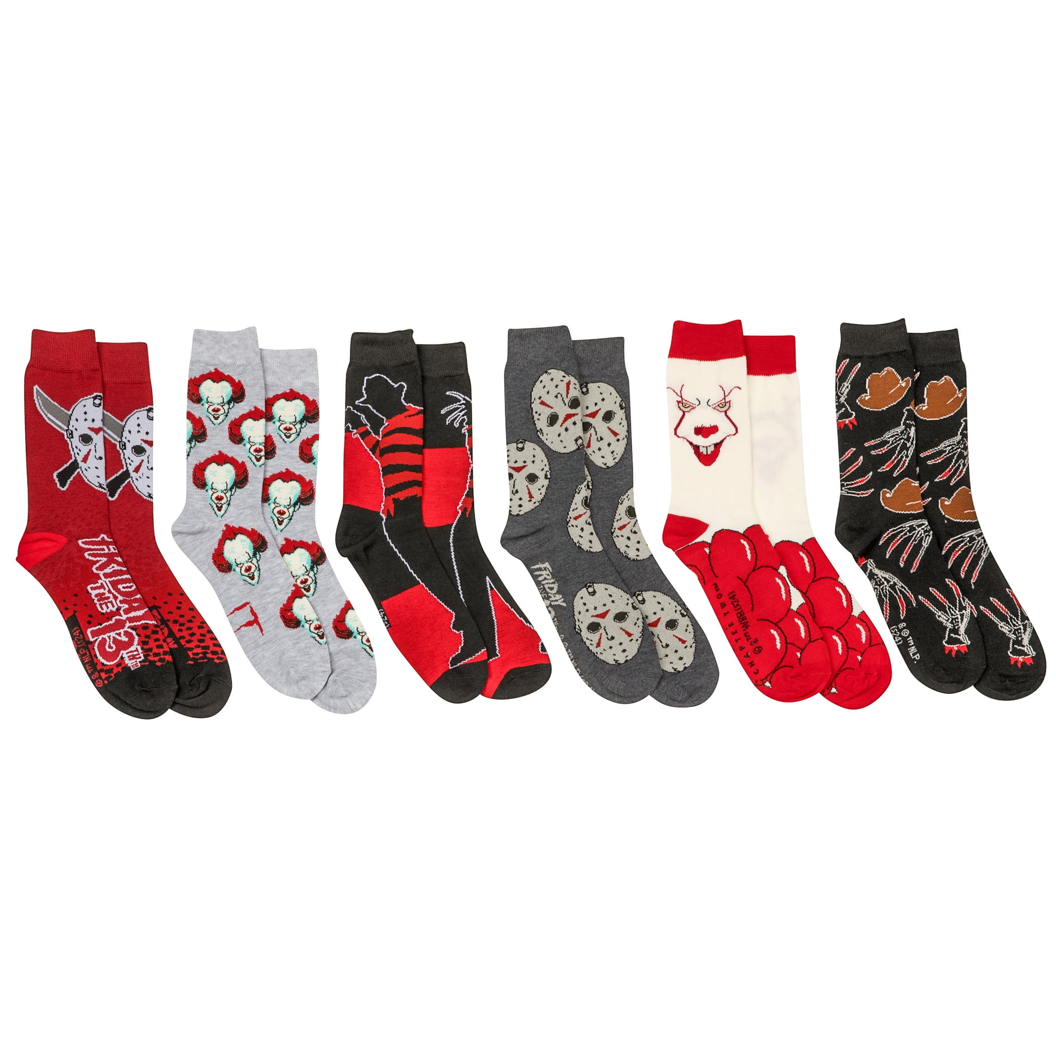 Horror Movie Villains Pennywise Jason, Freddy Kruger 6-Pack Crew Socks ...