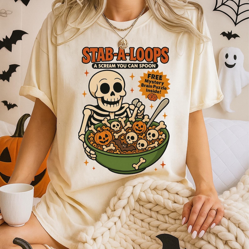 Horror Skeleton Cereal Box Halloween T-Shirt, Spooky Cereal Box Shirt ...