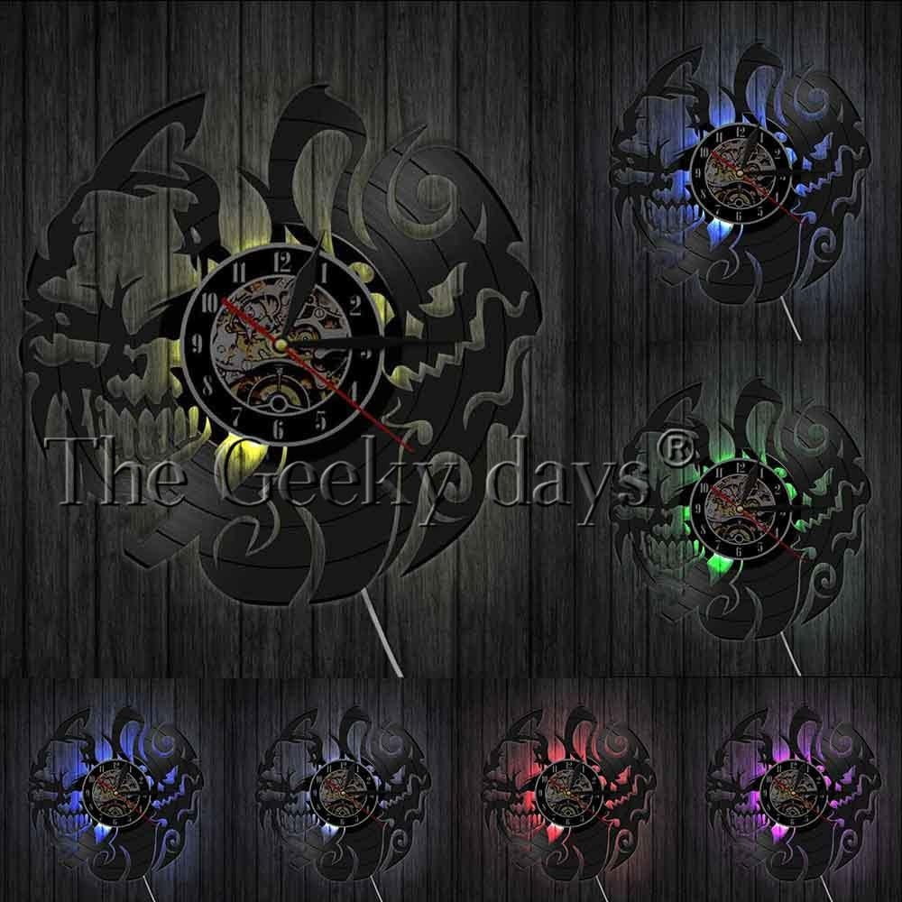Horror Skull Gothic Halloween Decor Wall Clock Scary Skeleton Vinyl ...