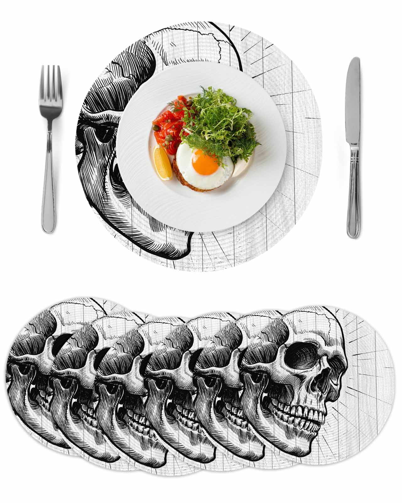Horror Skull Round 13 Inch Placemats Set of 6, Black Skeleton Spooky ...