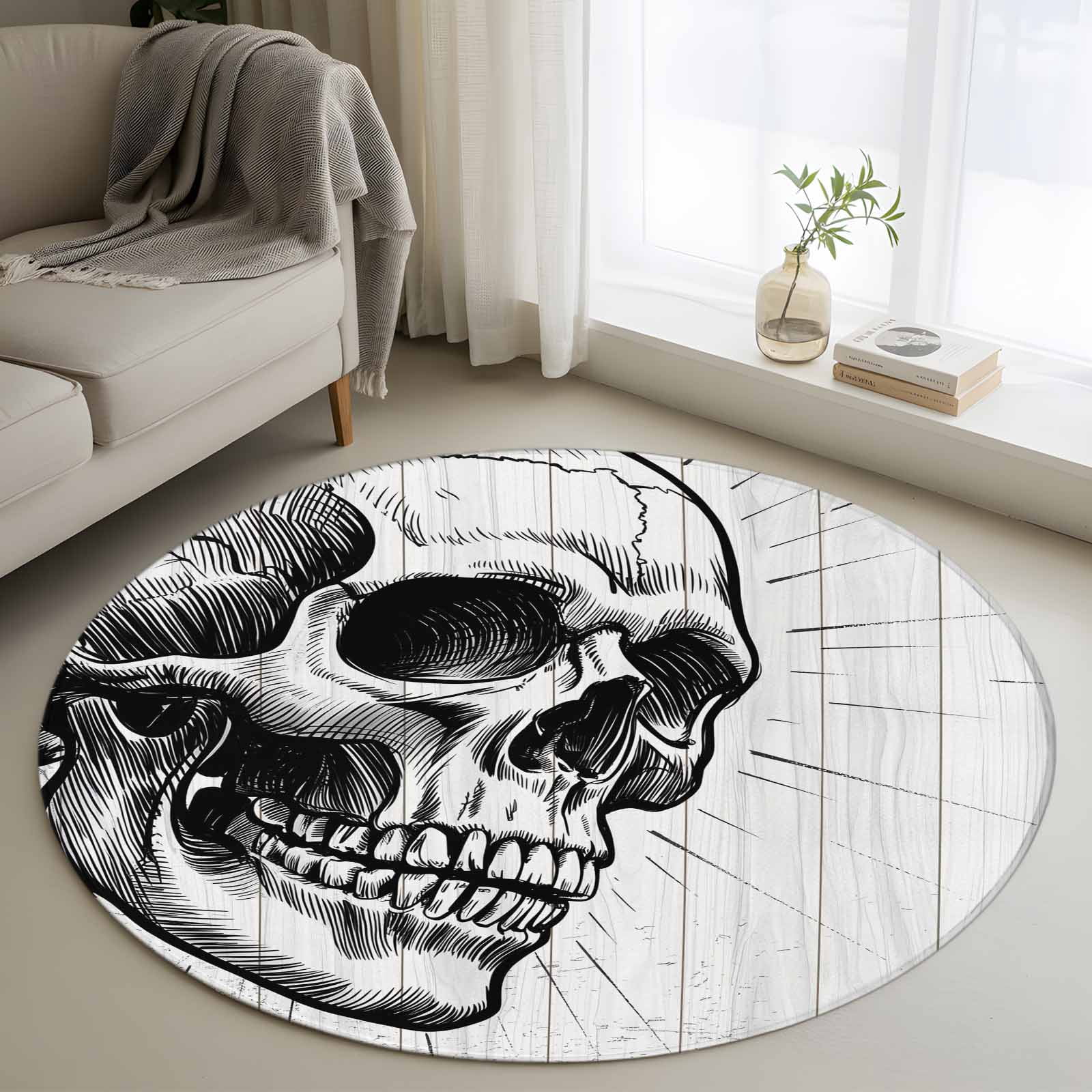 Horror Skull Round Area Rug 4 FT, Non Slip Indoor Outdoor Rug, Black ...
