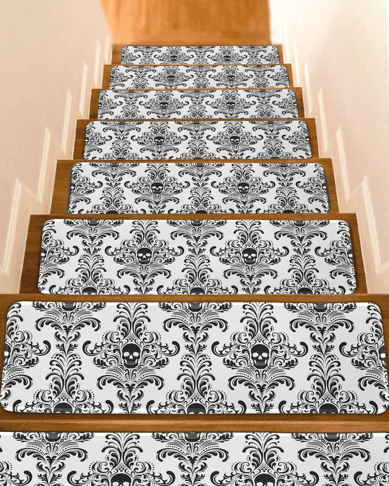 Horror Skull Stair Treads Non Slip for Step Black White Floral Pattern ...