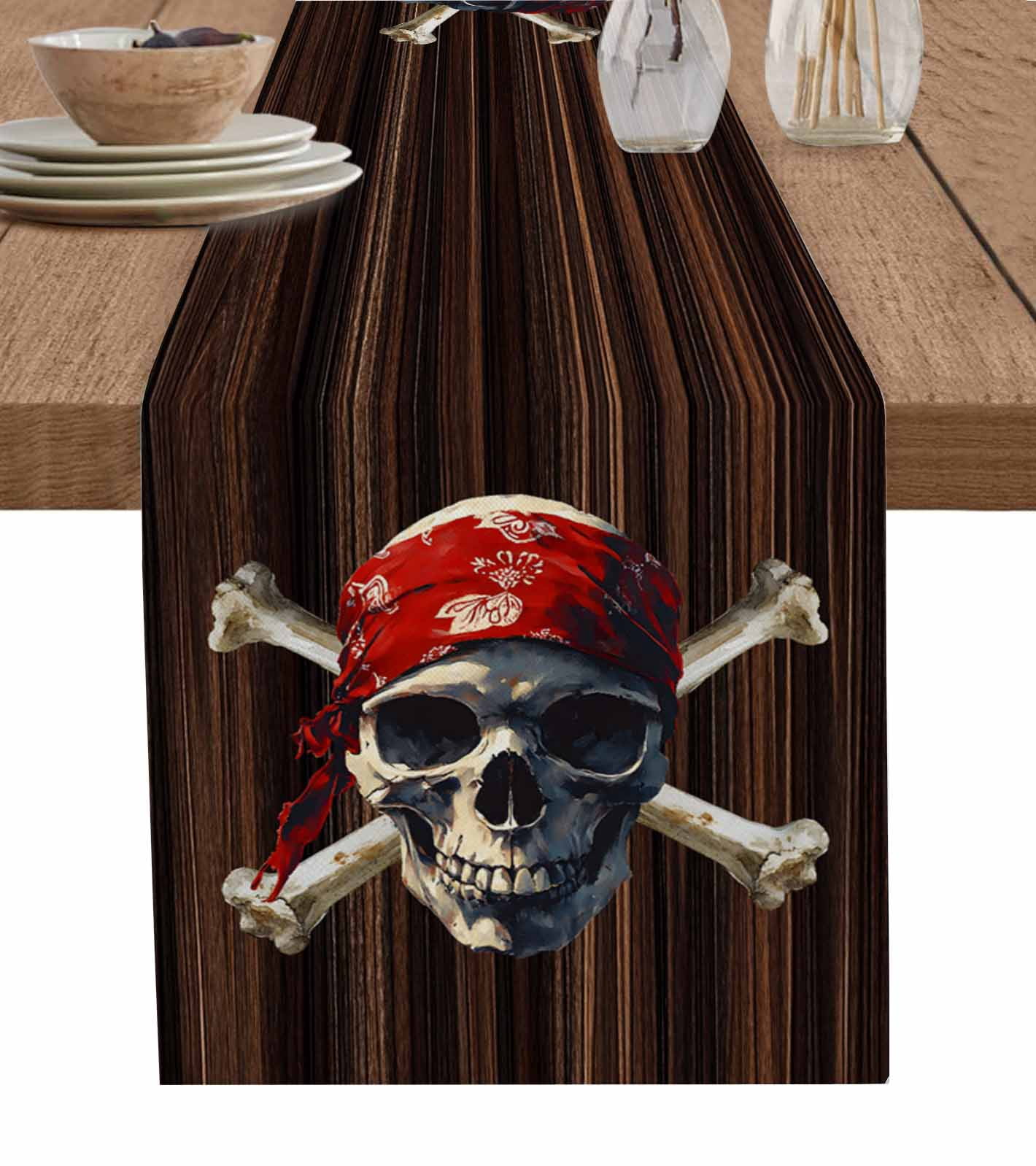 Horror Skull Table Runner 72 Inches, Abstract Skeleton Wooden Vintage ...