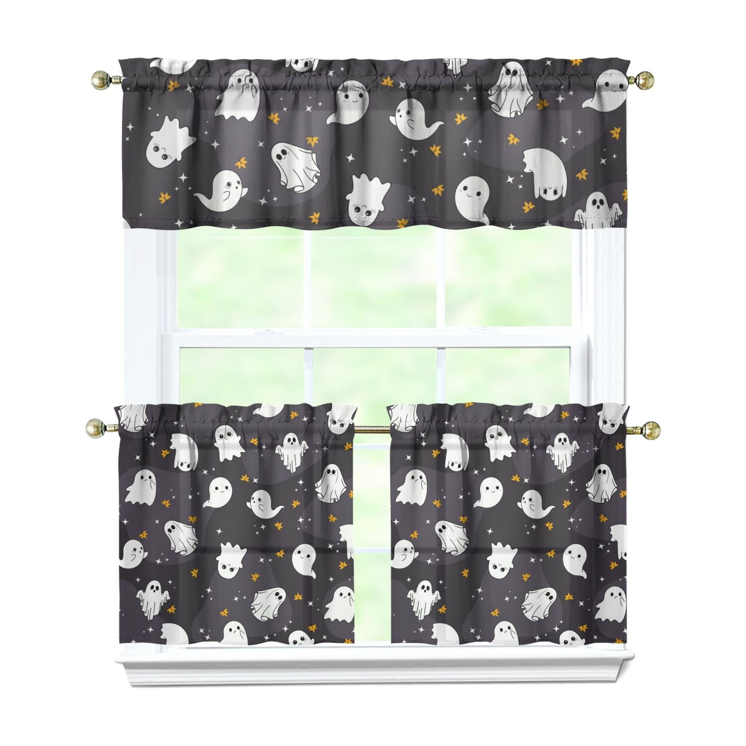 Horror Themed Kitchen Curtains Set with Valance - Skull Spider Cobweb ...