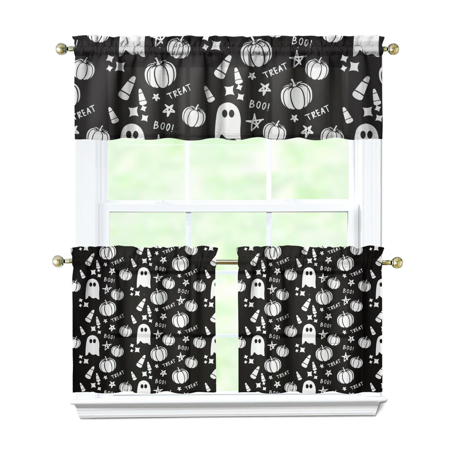 Horror Themed Kitchen Curtains Set with Valance - Skull Spider Cobweb ...