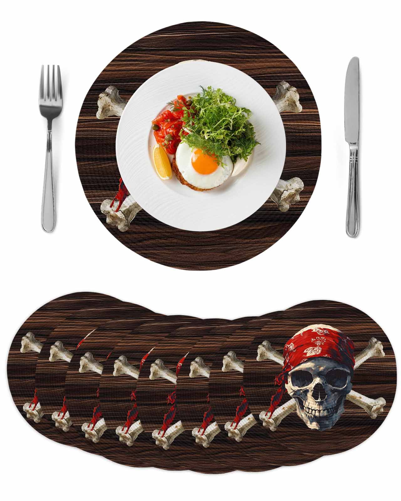 Horror Vintage Round Table Placemats set of 8, Skull Wood Texture Head ...