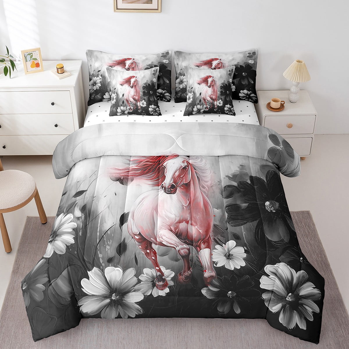 Horse Bed in a Bag Queen Comforter Set 7 Piece Daisy Flowers Bedding ...