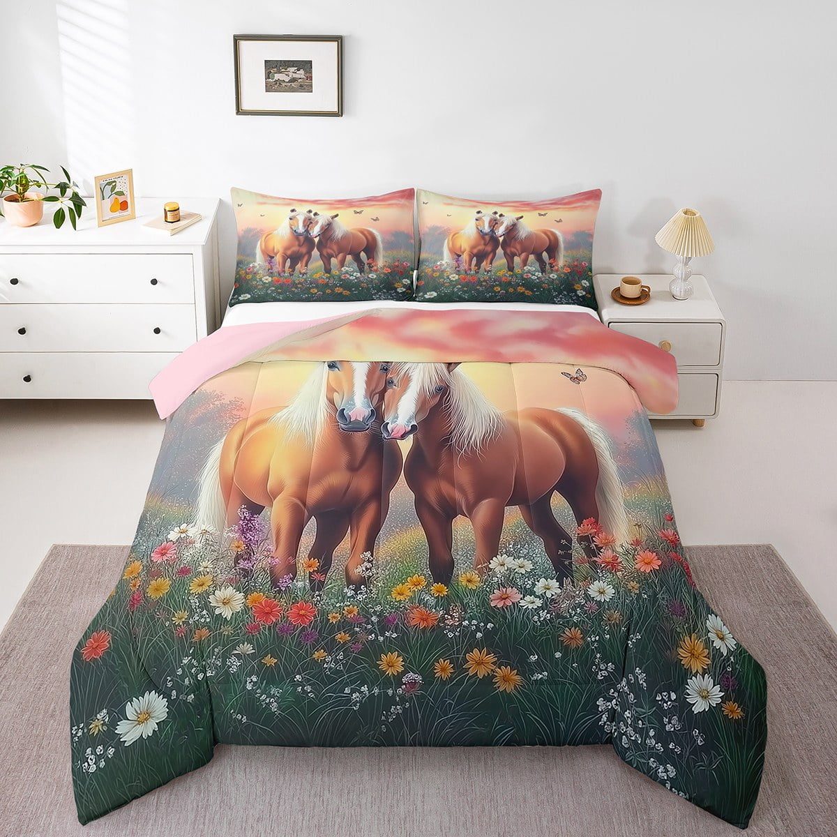 Horse Bedding Sets Toddler Size, Botanical Floral Comforter Set for ...