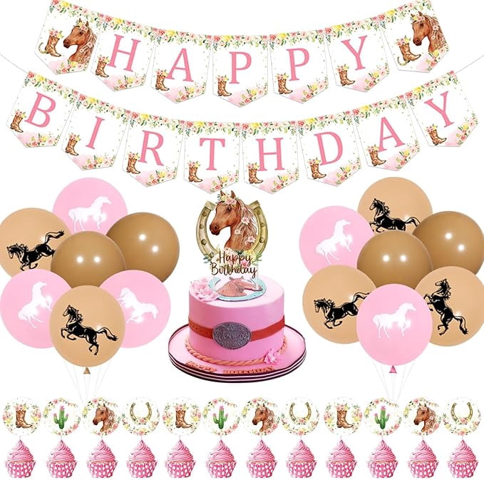 Horse Birthday Decorations for Girls - Pink Floral Horse Happy Birthday ...