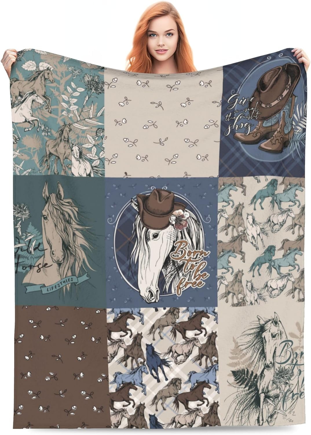 Horse Blanket Funny Running Horses and Wildflowers Throw Blankets Gifts ...
