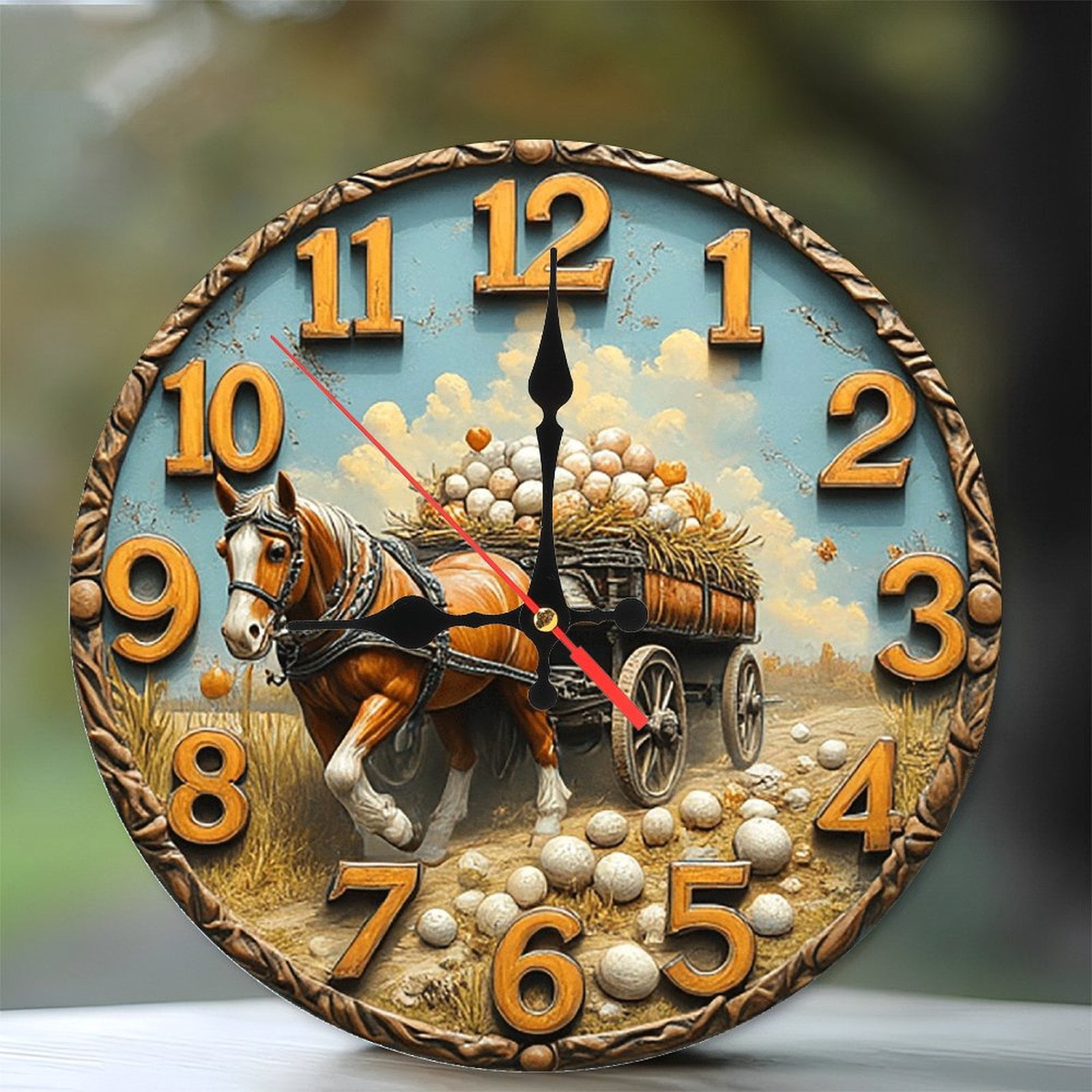 Horse Cart Autumn Harvest Wall Clock 10-Inch Silent Wooden Wall Clock ...