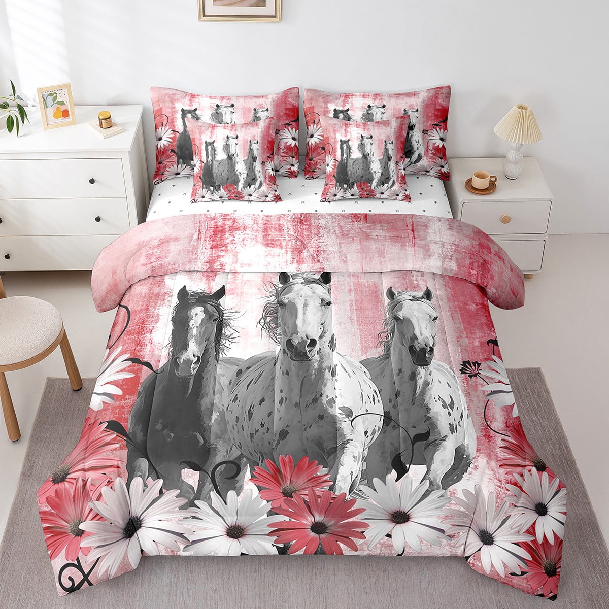 Horse Comforter Farm Animals Bedding Sets Red Graffiti Ombre Art Bed In a Bag King,Rustic Daisy ...