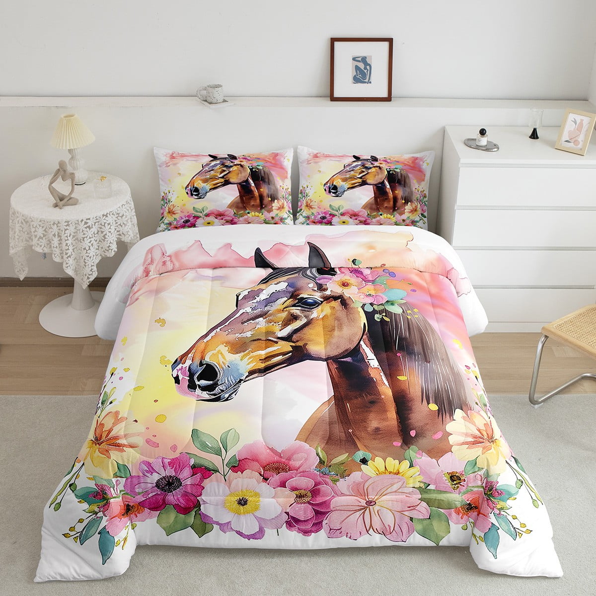 Horse Comforter Set Boho Floral King Bedding Set ,Farm Animals Quilt ...