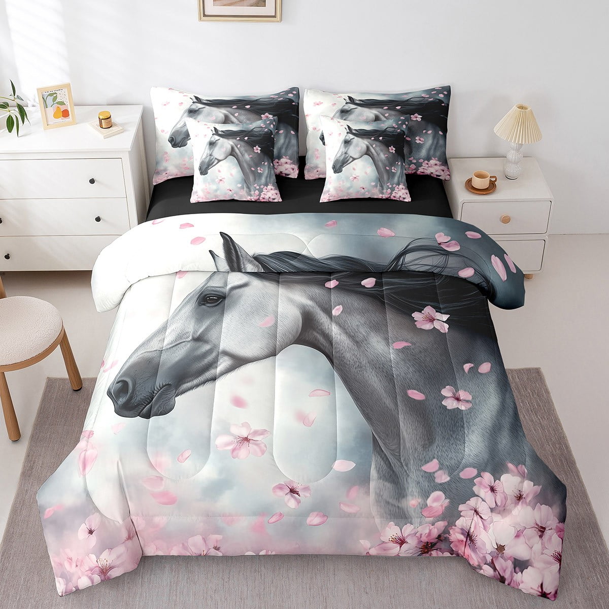 Horse Comforter Set Twin Size,Cherry Blossom Japanese Style Bed in a ...