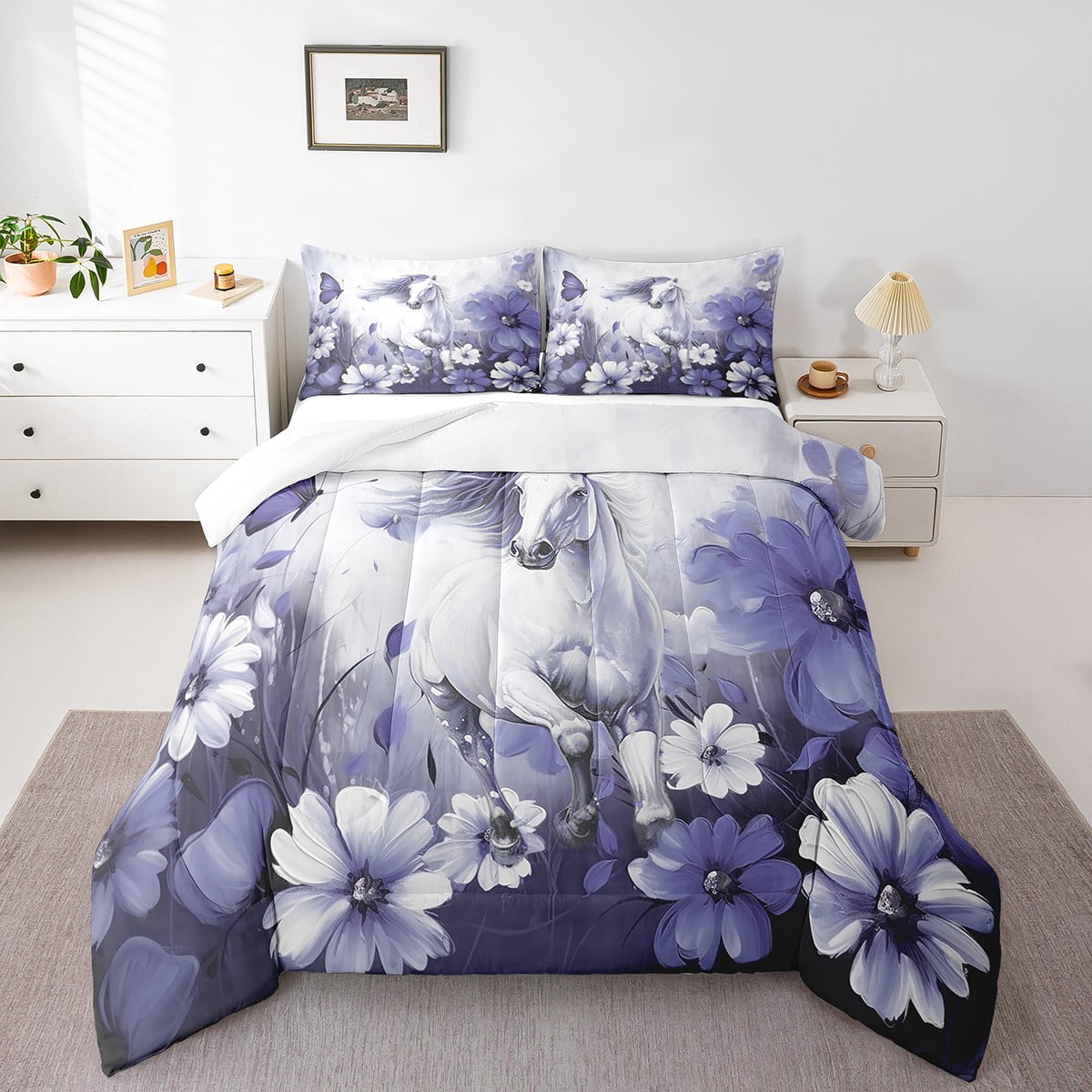 Horse Comforter Set Daisy Flowers Queen Bedding Sets ,Light Purple Ombre Oil Painting Quilt ...