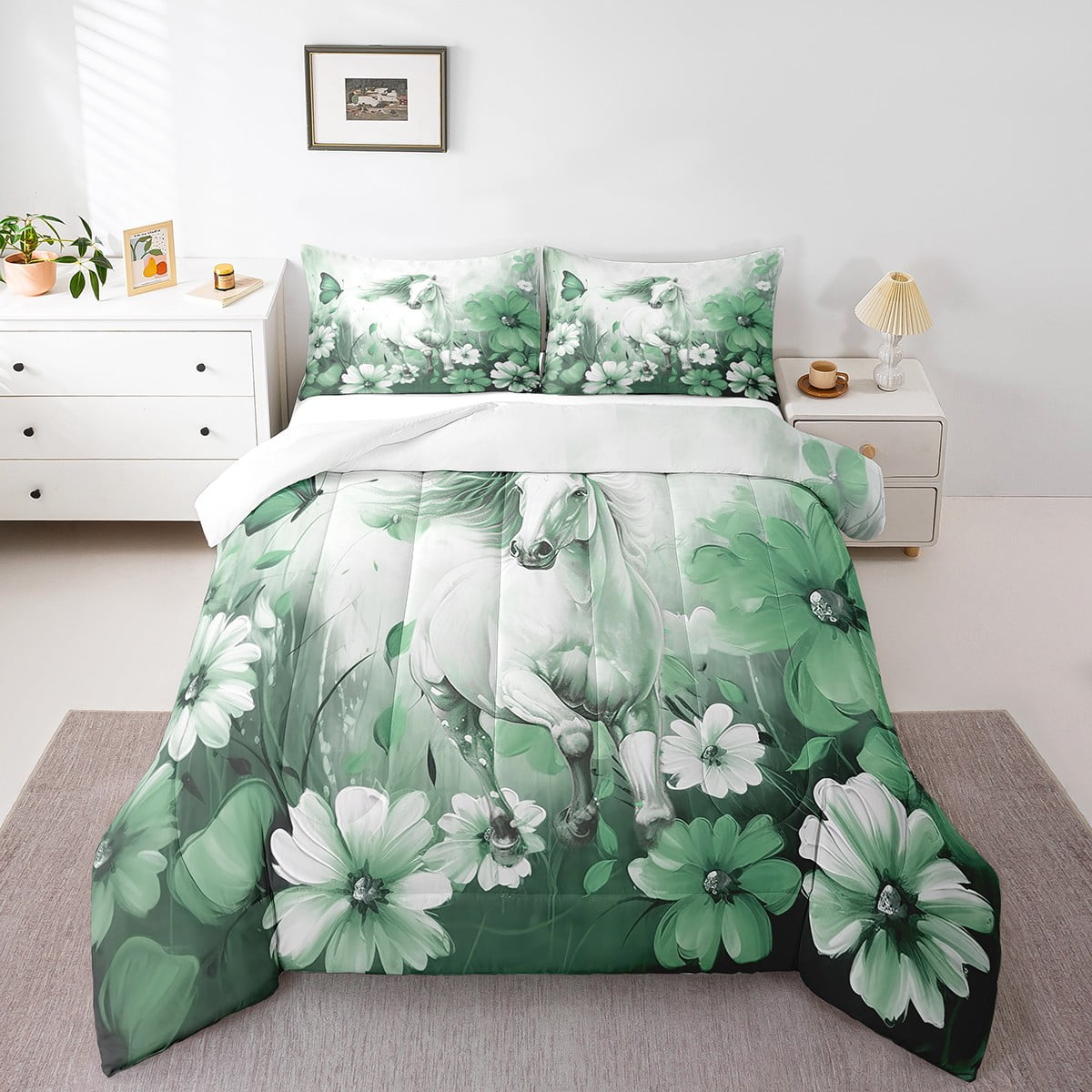 Horse Comforter Set Daisy Flowers Queen Bedding Comforter Sets ,Cyan ...