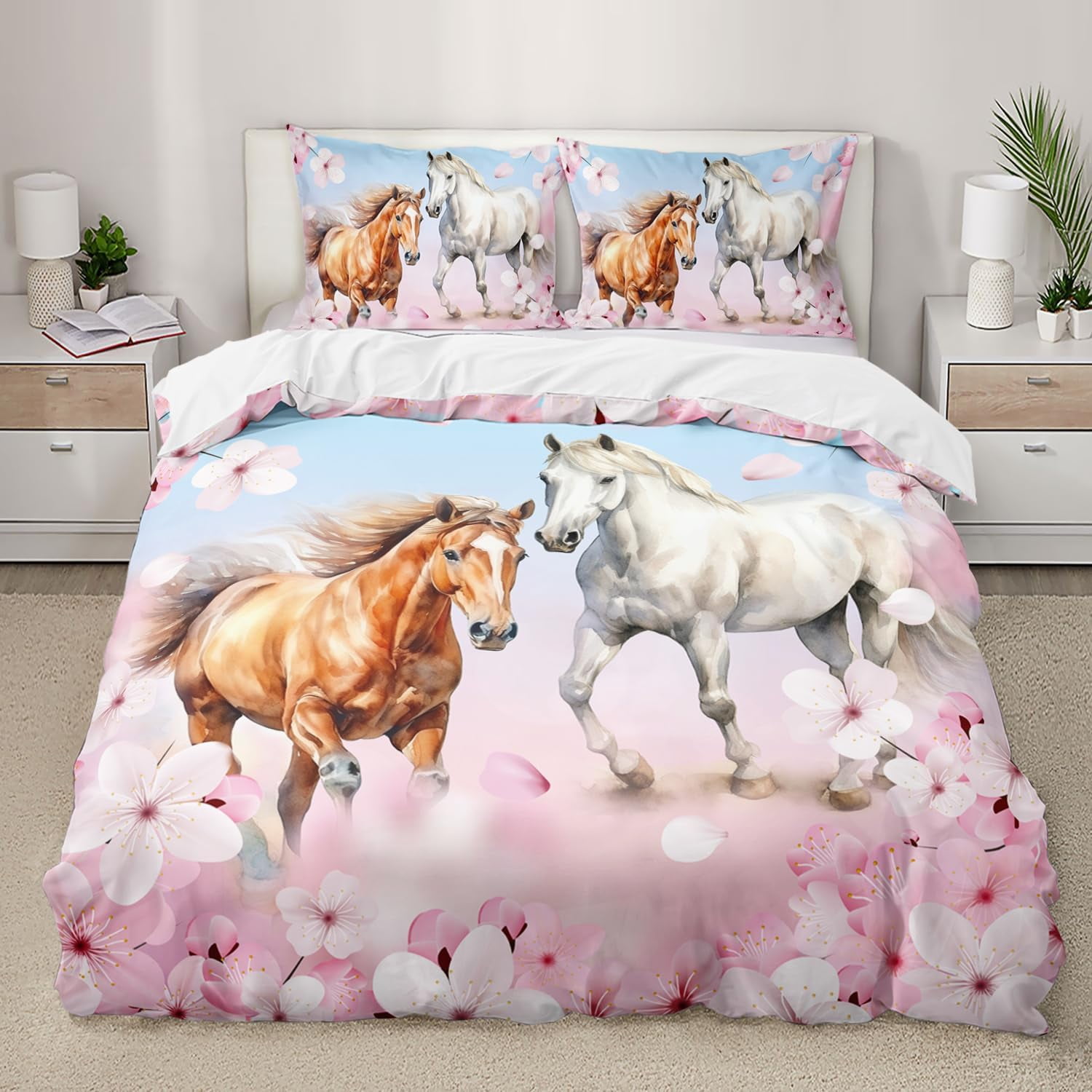 Horse Duvet Cover Set,Cherry Blossom Print Bedding Set,3D Farm Animal ...