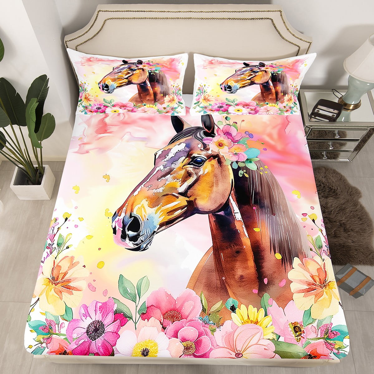 Horse Fitted Sheet Boho Floral Full Bed Sheets ,Farm Animals Bedding ...