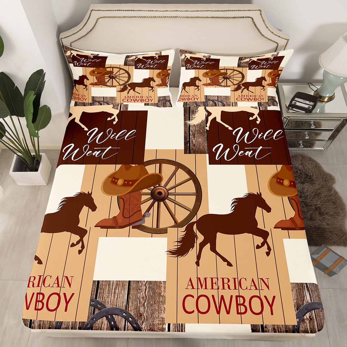 Horse Fitted Sheet American Cowboy Boots Western Bed Sheetss Queen,Farm ...