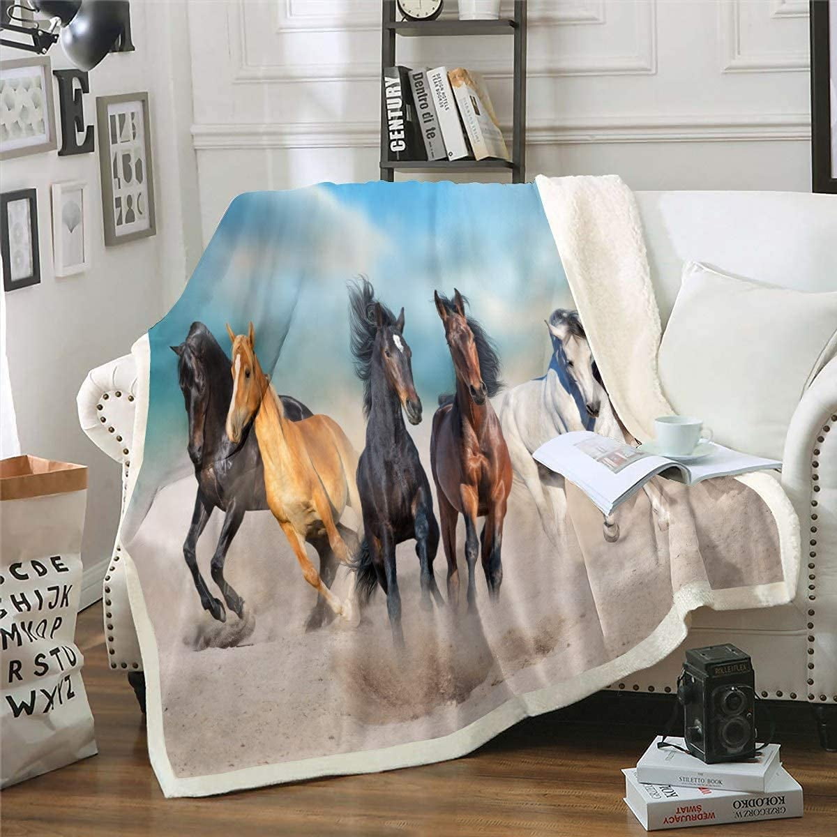 Horse Fleece Throw Blanket Running Horses Sherpa Blanket for Kids Boys ...