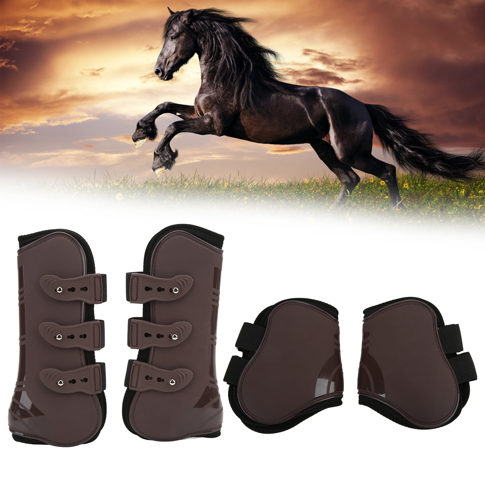 Horse Front Hind Leg Boots, Open Straps PU + Neoprene Horse Leg Brace Guard Brown For Riding ...