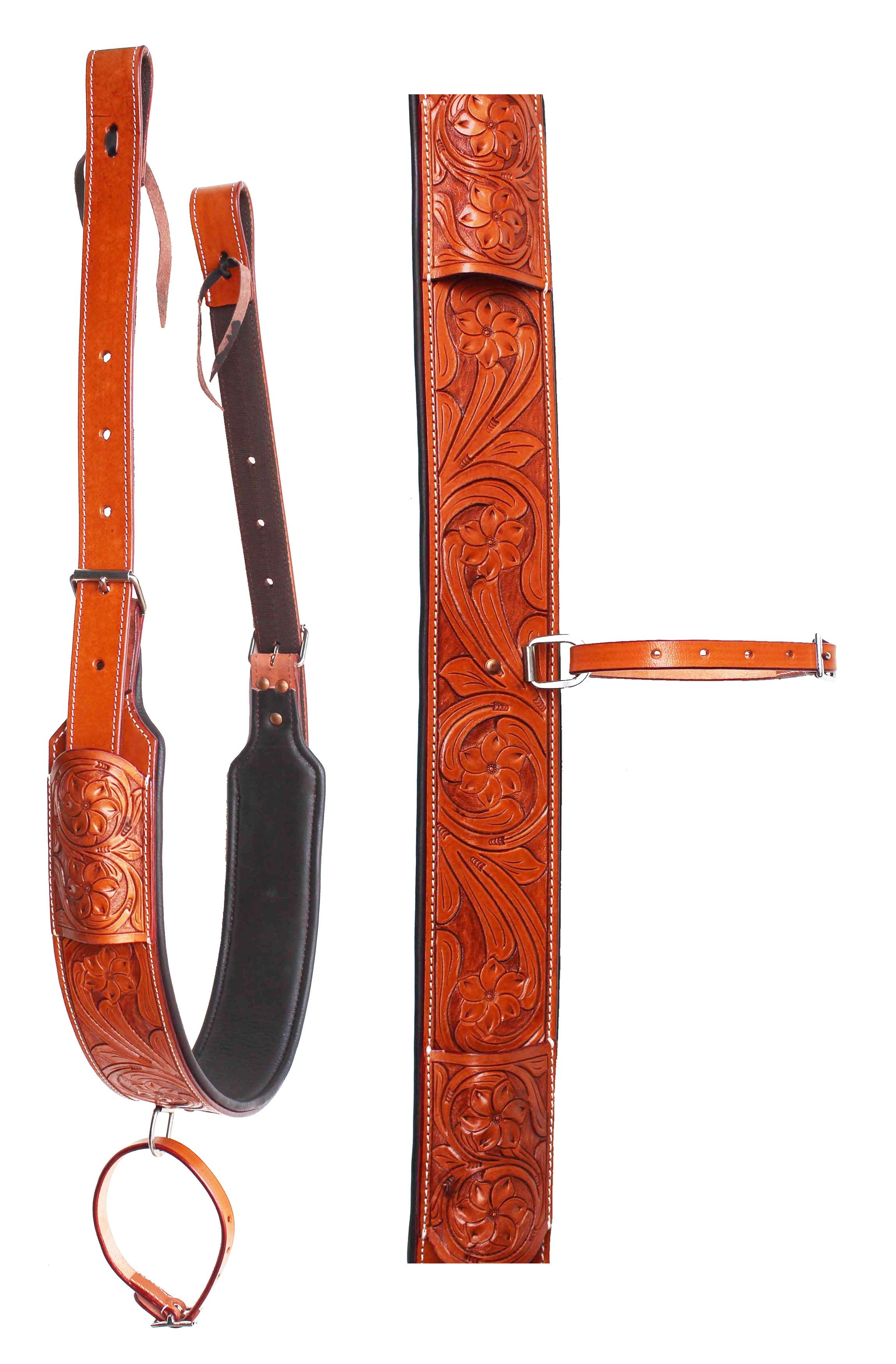 Horse Handcrafted 3" Wide Floral Tooled Oiled Brown Padded Leather Rear ...