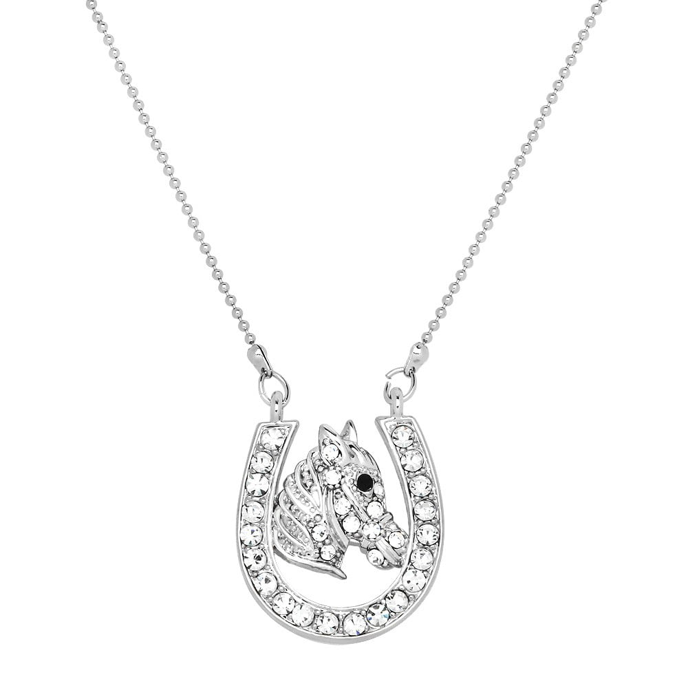 Horse Head Pendant Necklace Clear Rhinestone Crystal Rhodium Plated 17 ...