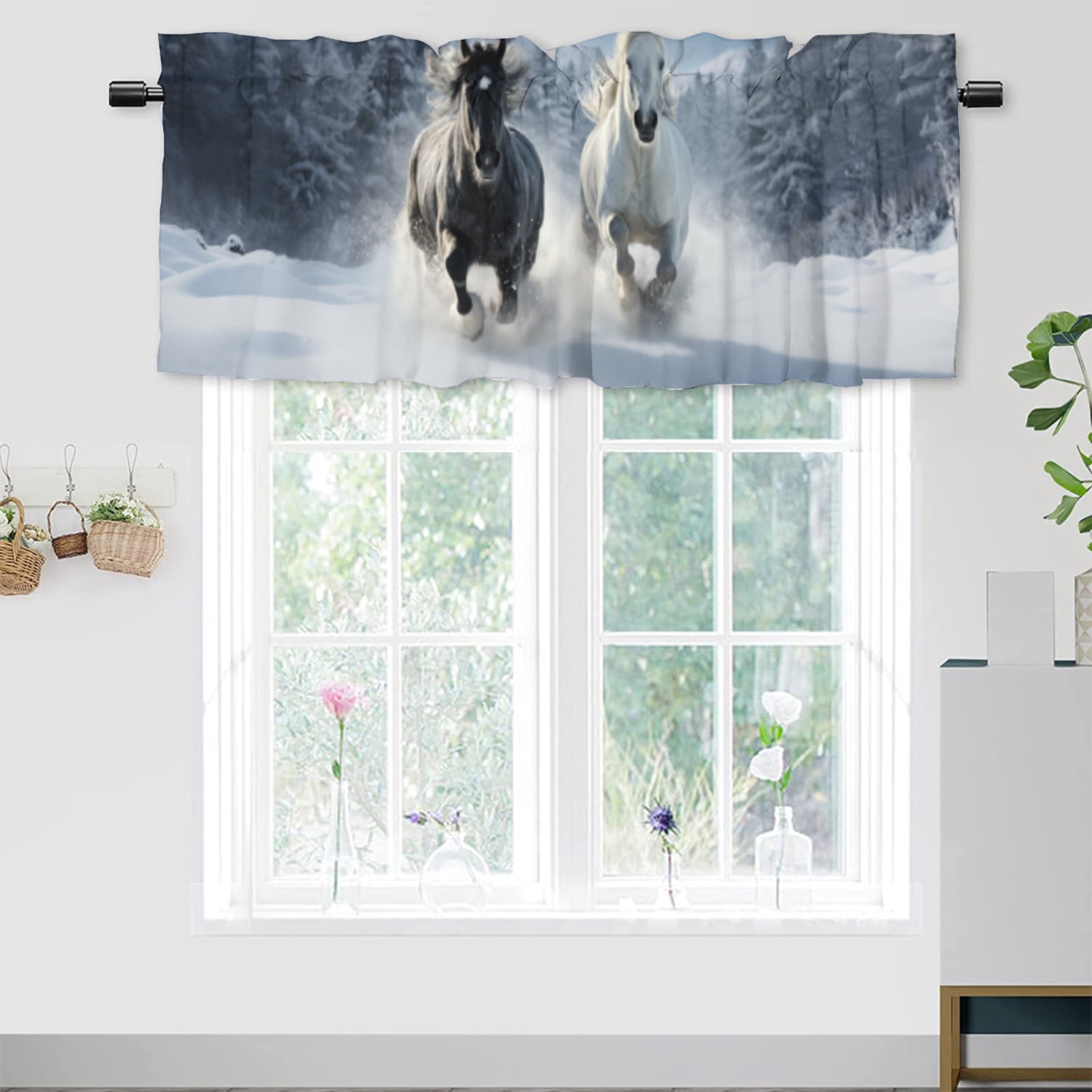 Horse Kitchen Window Curtain Valance Racing Black and White Horses on ...