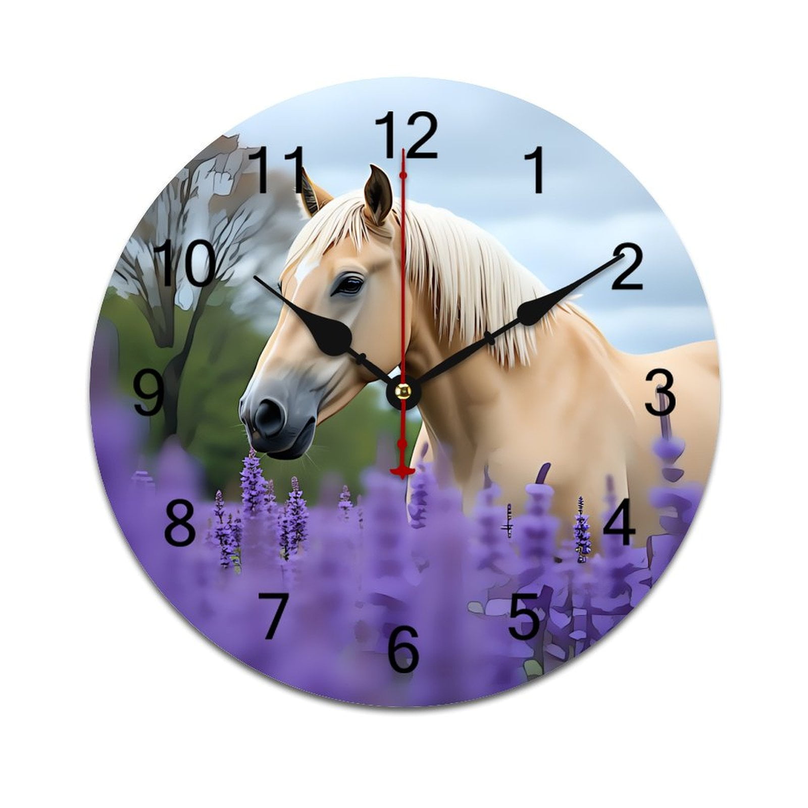 Horse Purple Flowers Printed Silent Wall Clock Round Kitchen Clock Chic ...